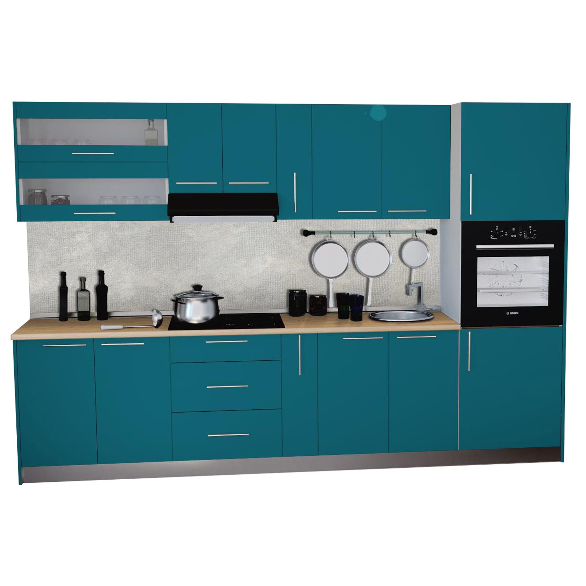 Set Bucatarie DOMINO 09 300cm, Fete MDF Lucios Turcoaz, Blat Stejar ...