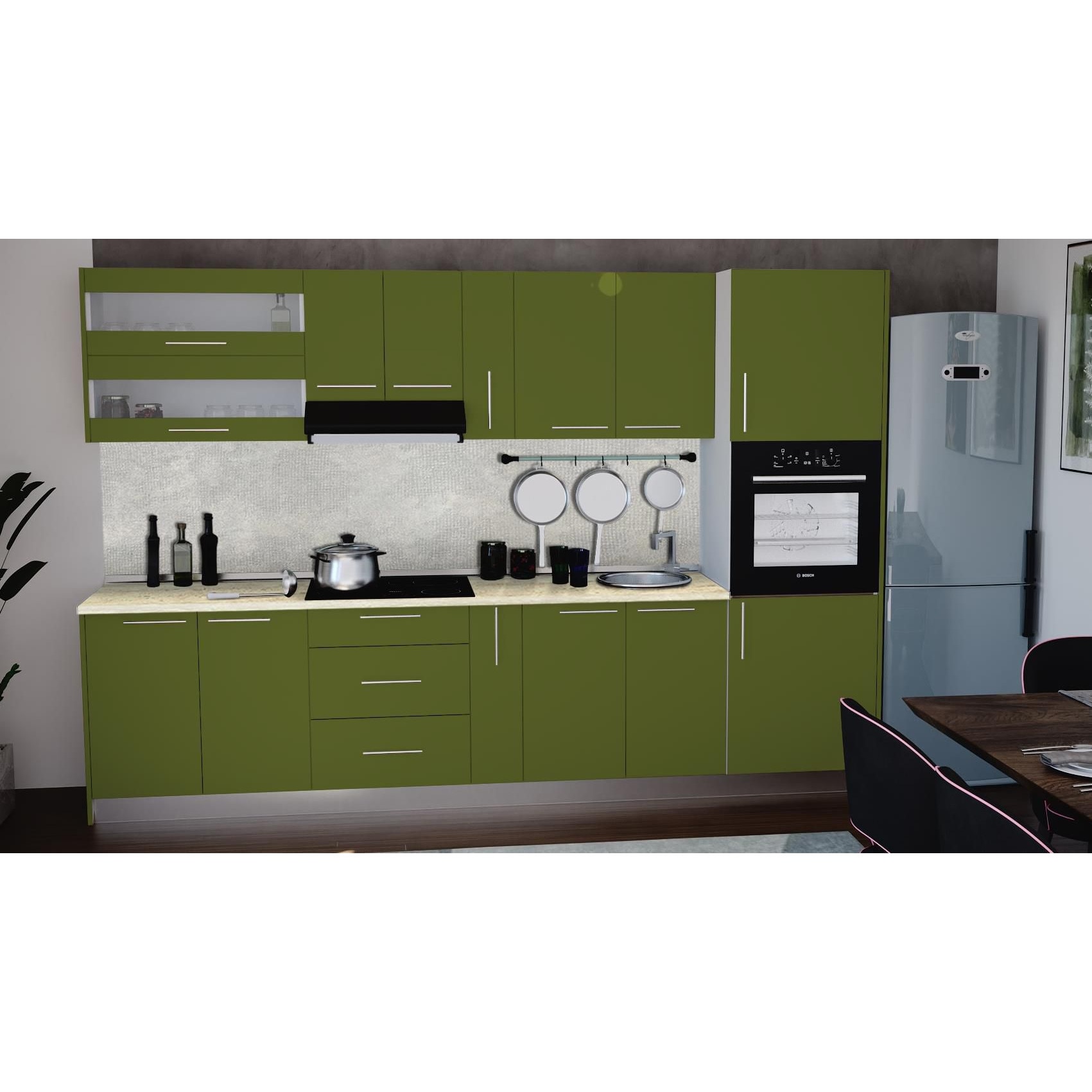 Set Bucatarie DOMINO 09 300cm, Fronturi MDF Lucios Verde, Blat Niagara ...