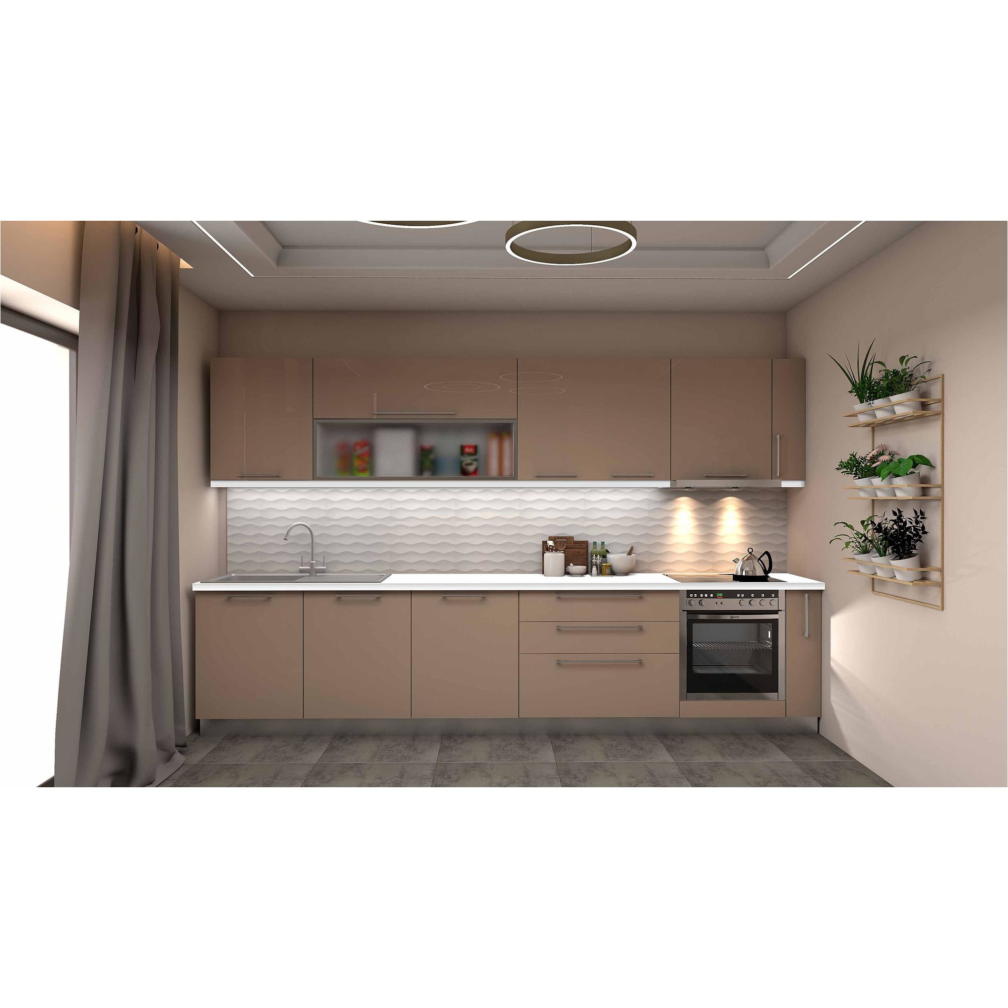 Set Bucatarie CHARM 03 350cm, Fete MDF Lucios Capucino, Blat Alb Perlat ...