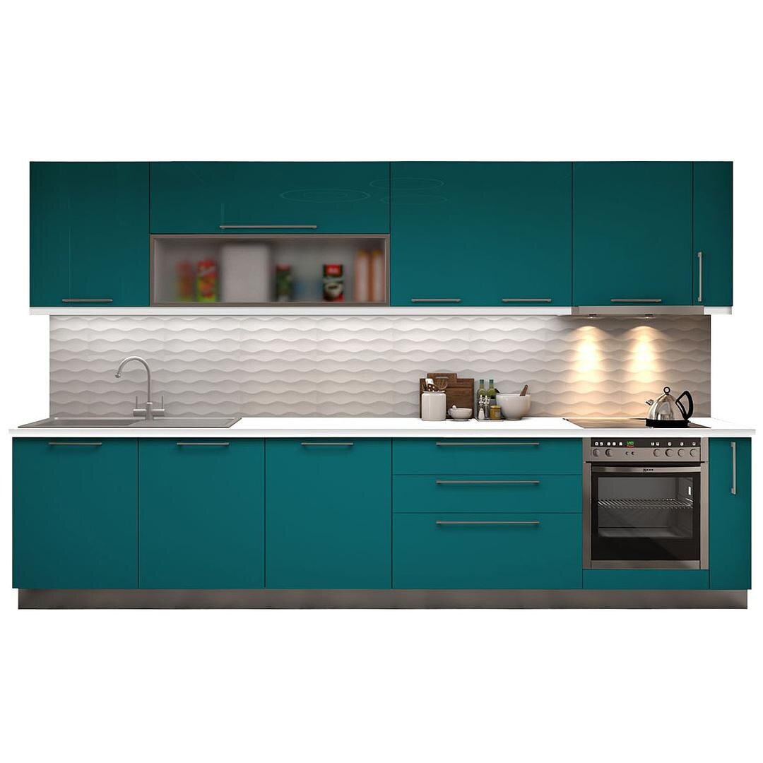 Set Bucatarie CHARM 03 350cm, Fronturi MDF Lucios Turcoaz, Blat Alb ...