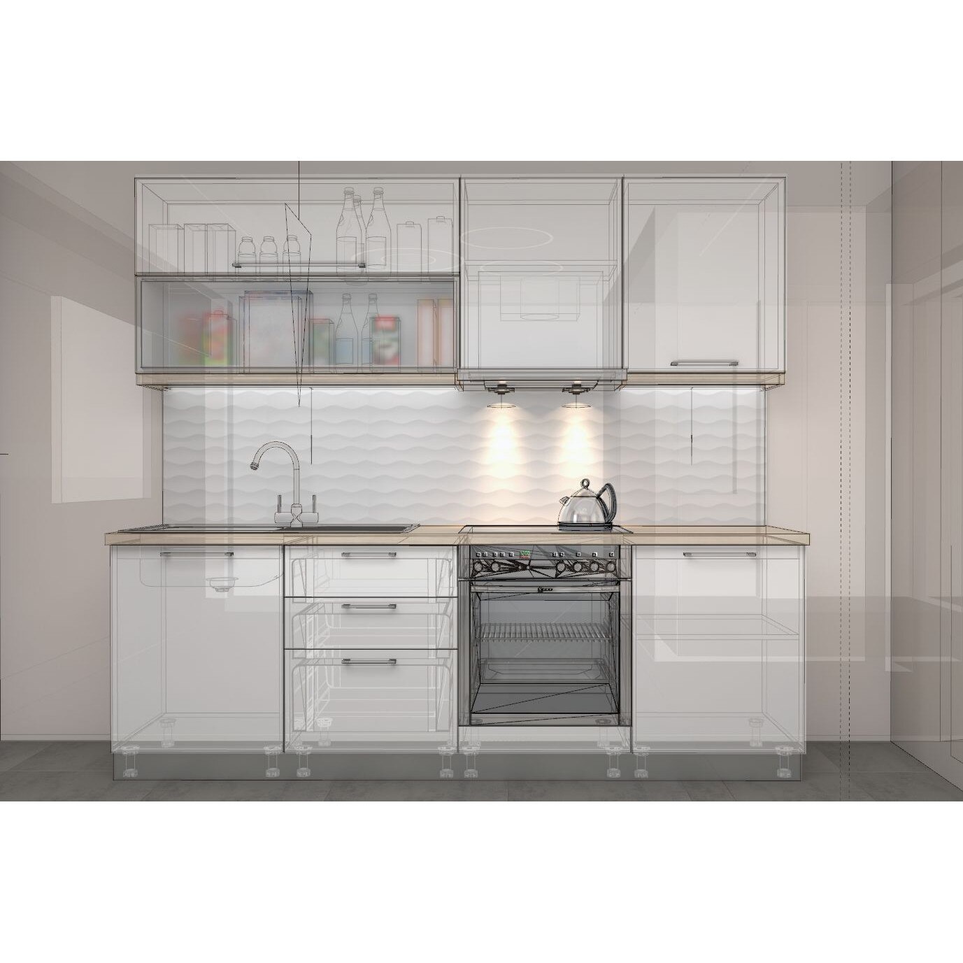 Set Bucatarie CHARM 04 240cm, Fronturi MDF Lucios Capucino, Blat Alb ...