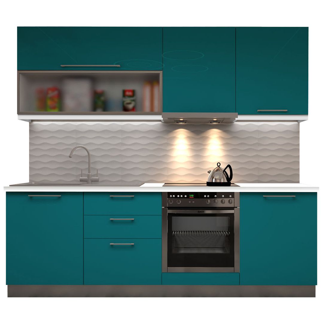 Set Bucatarie CHARM 04 240cm, Fronturi MDF Lucios Turcoaz, Blat Alb ...