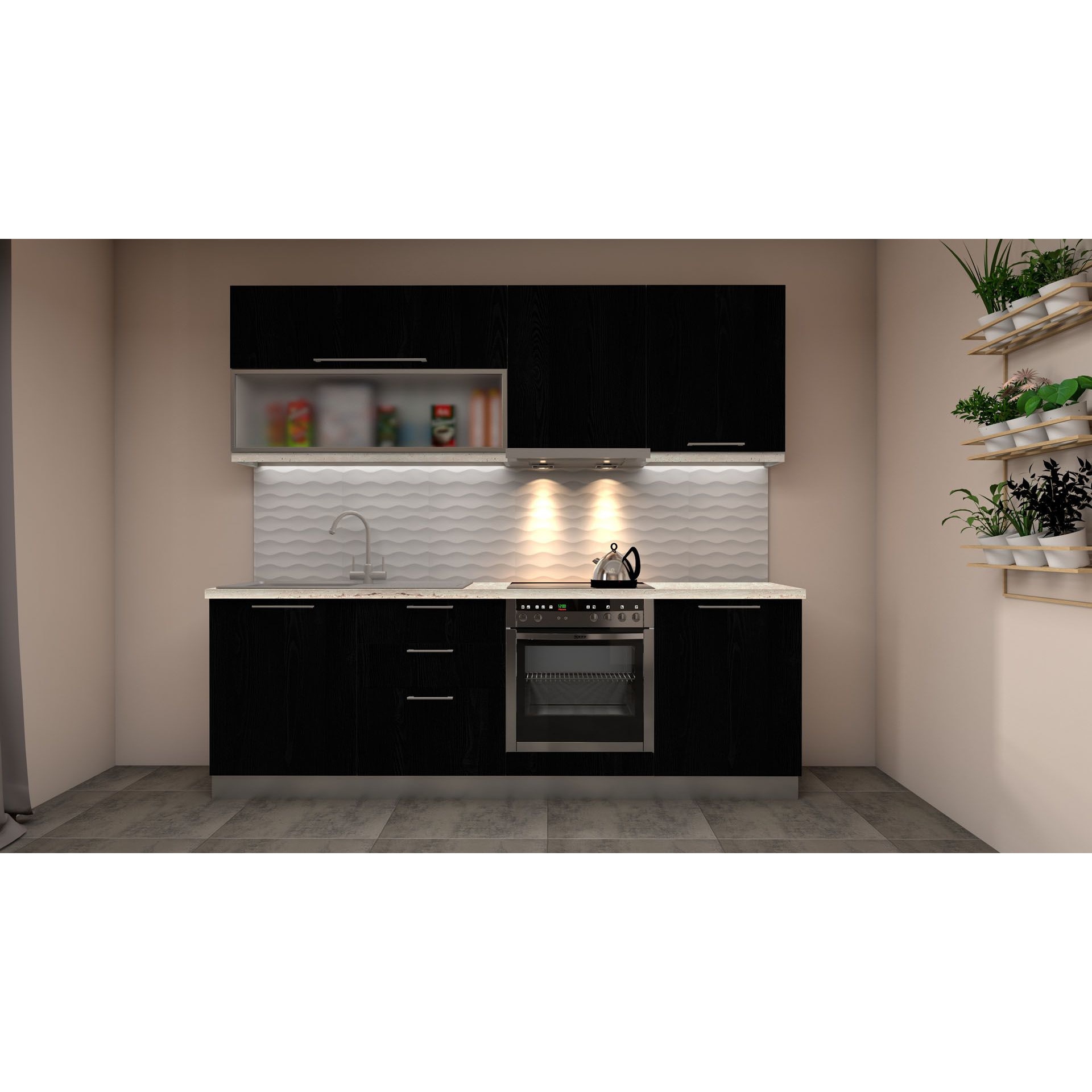 Set Bucatarie CHARM 04 240cm, Fronturi PAL Negru Fumuriu, Blat Niagara ...