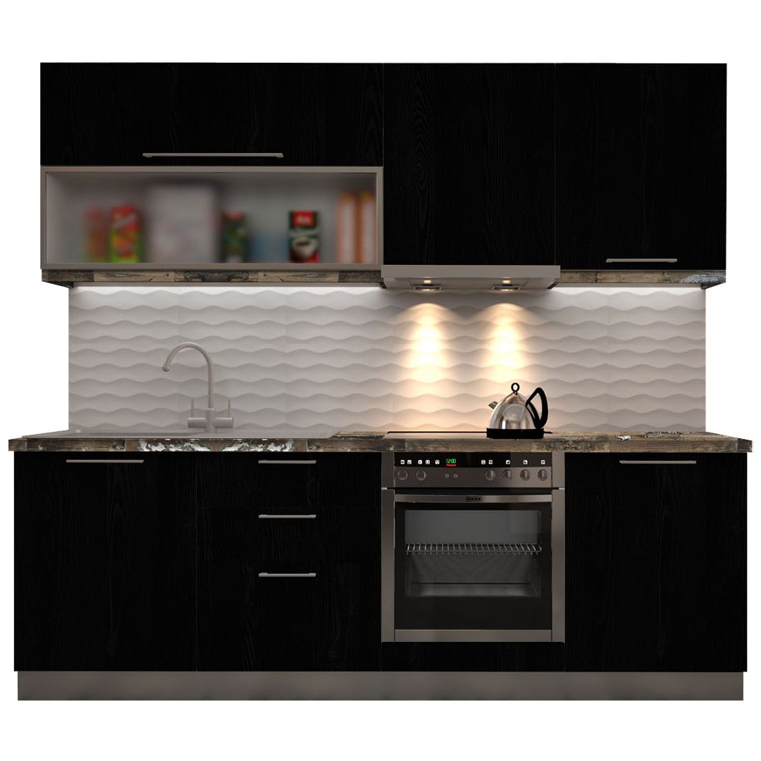 Set Bucatarie CHARM 04 240cm, Fronturi PAL Negru Fumuriu, Blat Pin ...