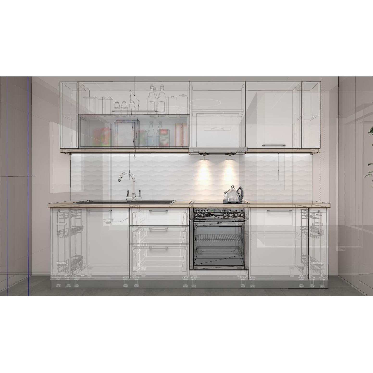 Set Bucatarie CHARM 05 280cm, Fronturi PAL Lemn Alb, Blat Gri, Manere ...