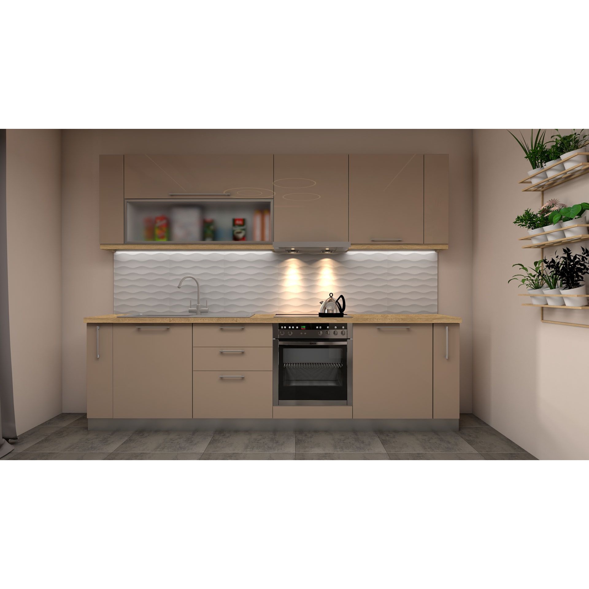 Set Bucatarie CHARM 05 280cm, Fronturi MDF Lucios Capucino, Blat Stejar ...