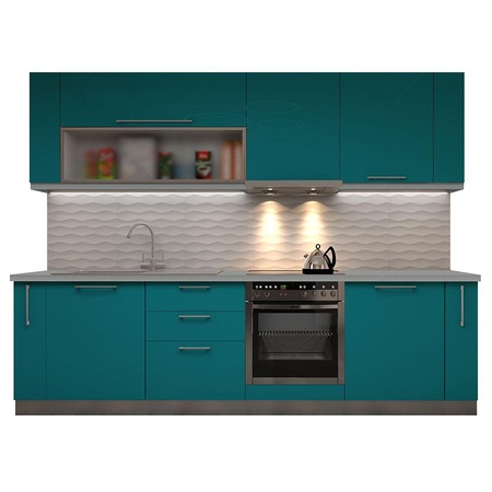 Set Bucatarie CHARM 05 280cm, Fronturi MDF Lucios Turcoaz, Blat Gri ...