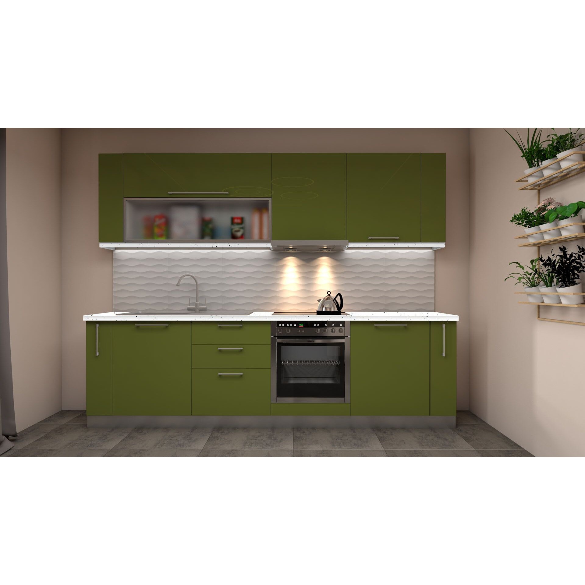 Set Bucatarie CHARM 05 280cm, Fronturi MDF Lucios Verde, Blat Andromeda ...