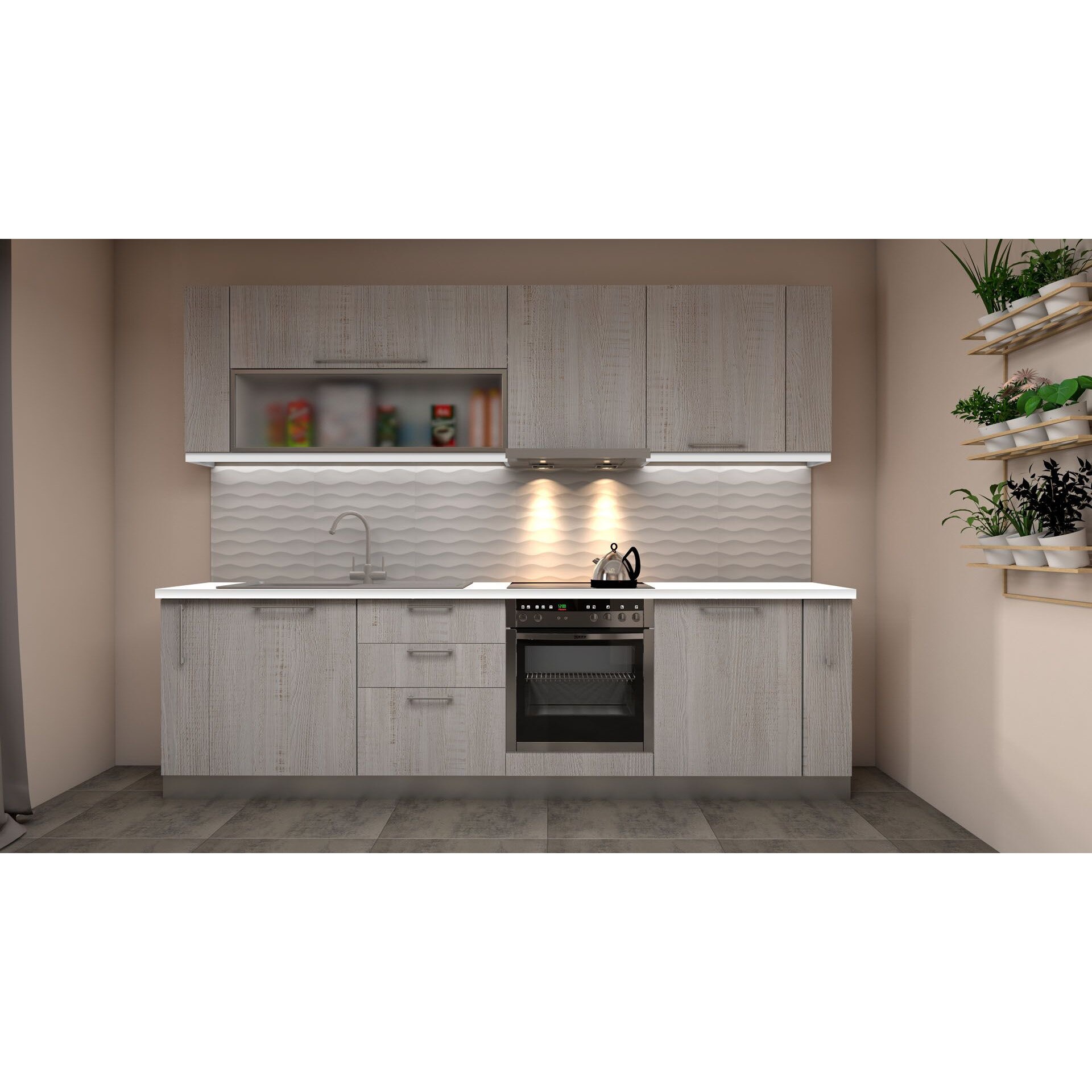 Set Bucatarie CHARM 05 280cm, Fronturi PAL Lemn Alb, Blat Alb Perlat ...
