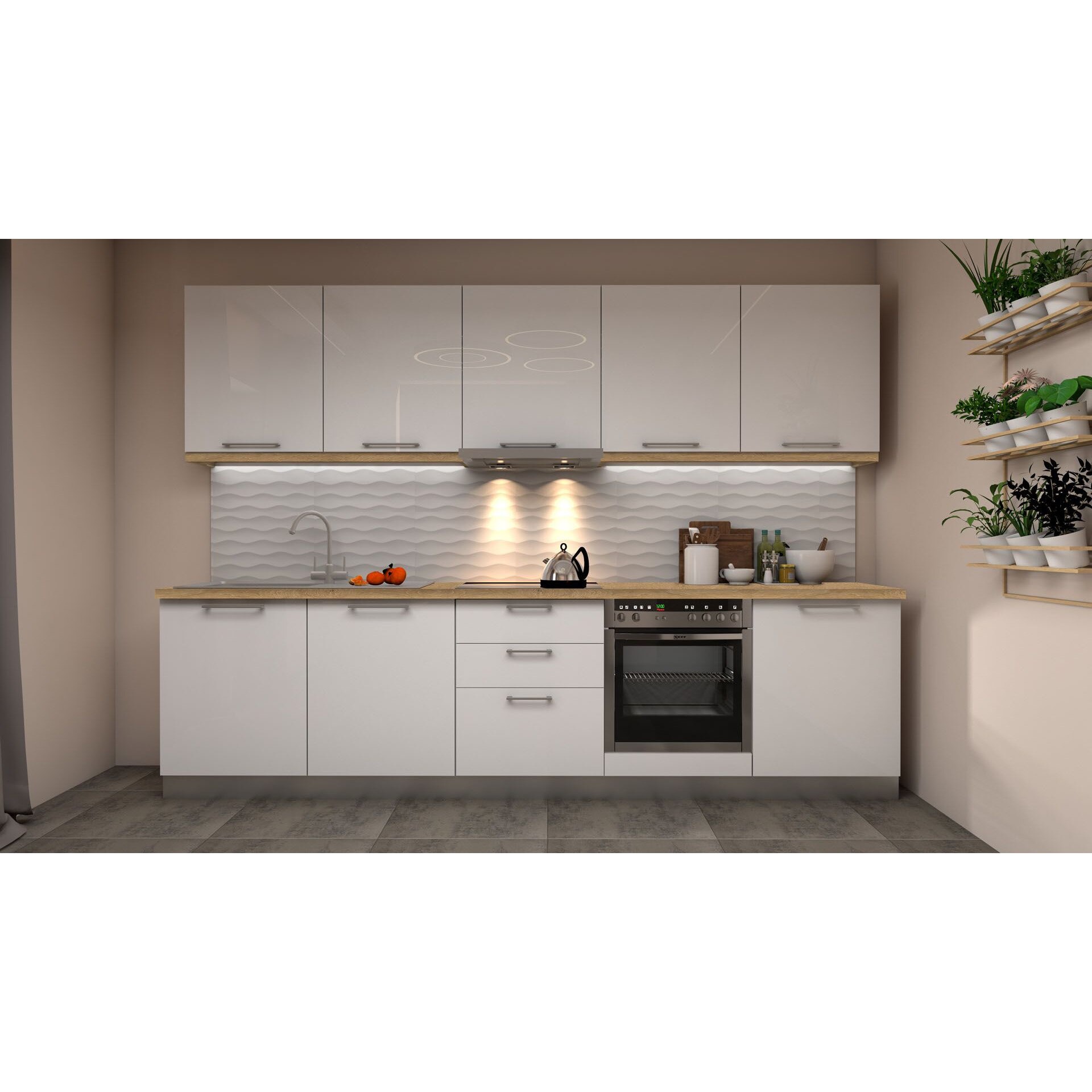 Set Bucatarie CHARM 06 300cm, Fronturi MDF Lucios Alb, Blat Stejar ...