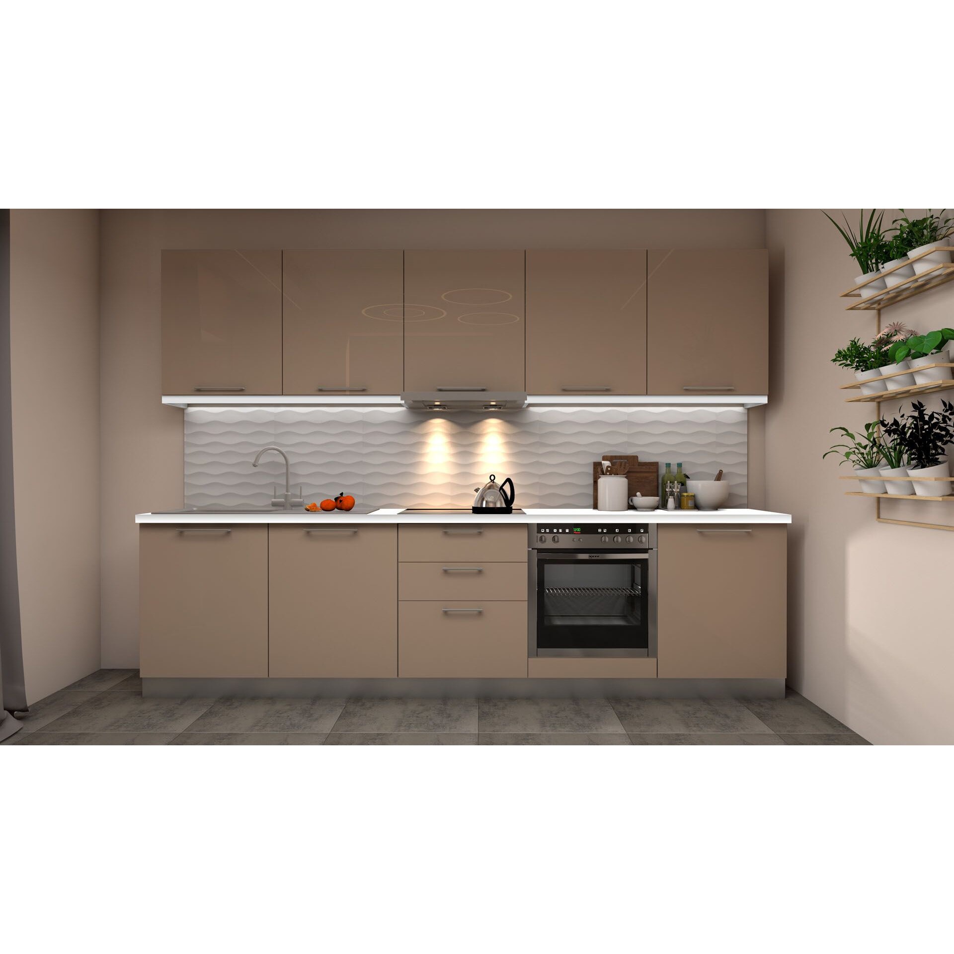 Set Bucatarie CHARM 06 300cm, Fronturi MDF Lucios Capucino, Blat Alb ...