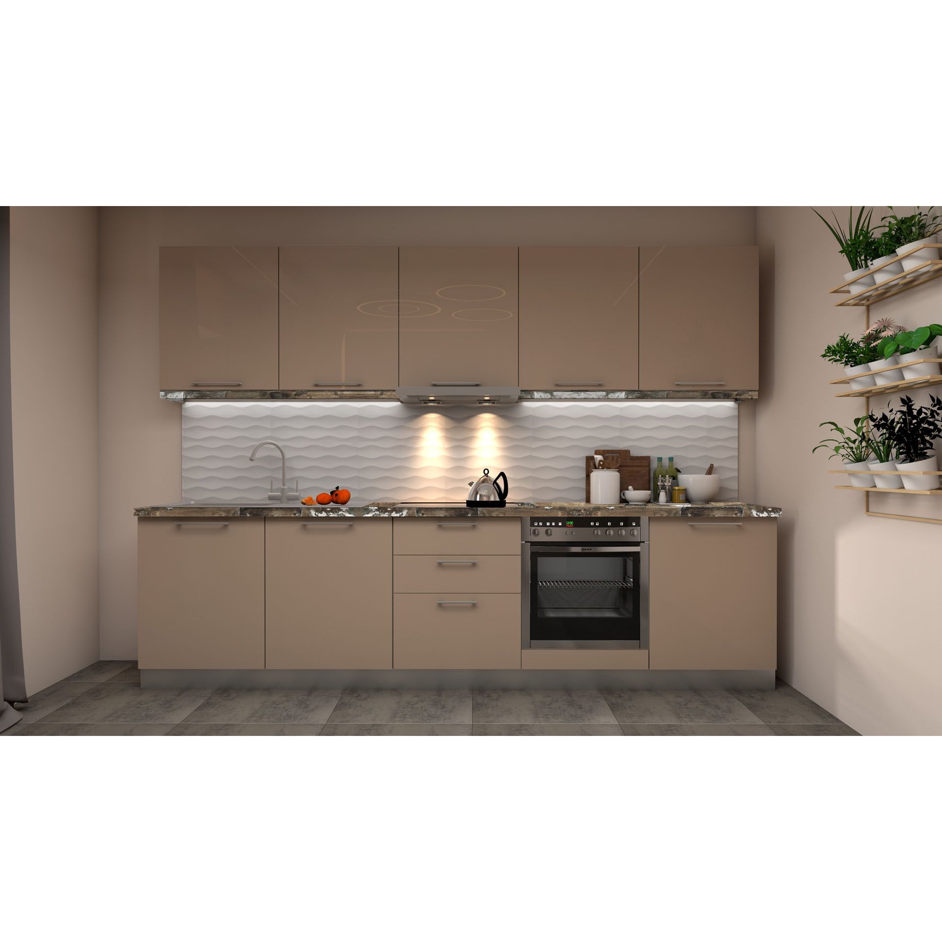 Set Bucatarie CHARM 06 300cm, Fronturi MDF Lucios Capucino, Blat Pin ...