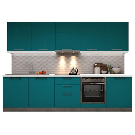 Set Bucatarie CHARM 06 300cm, Fronturi MDF Lucios Turcoaz, Blat Alb ...