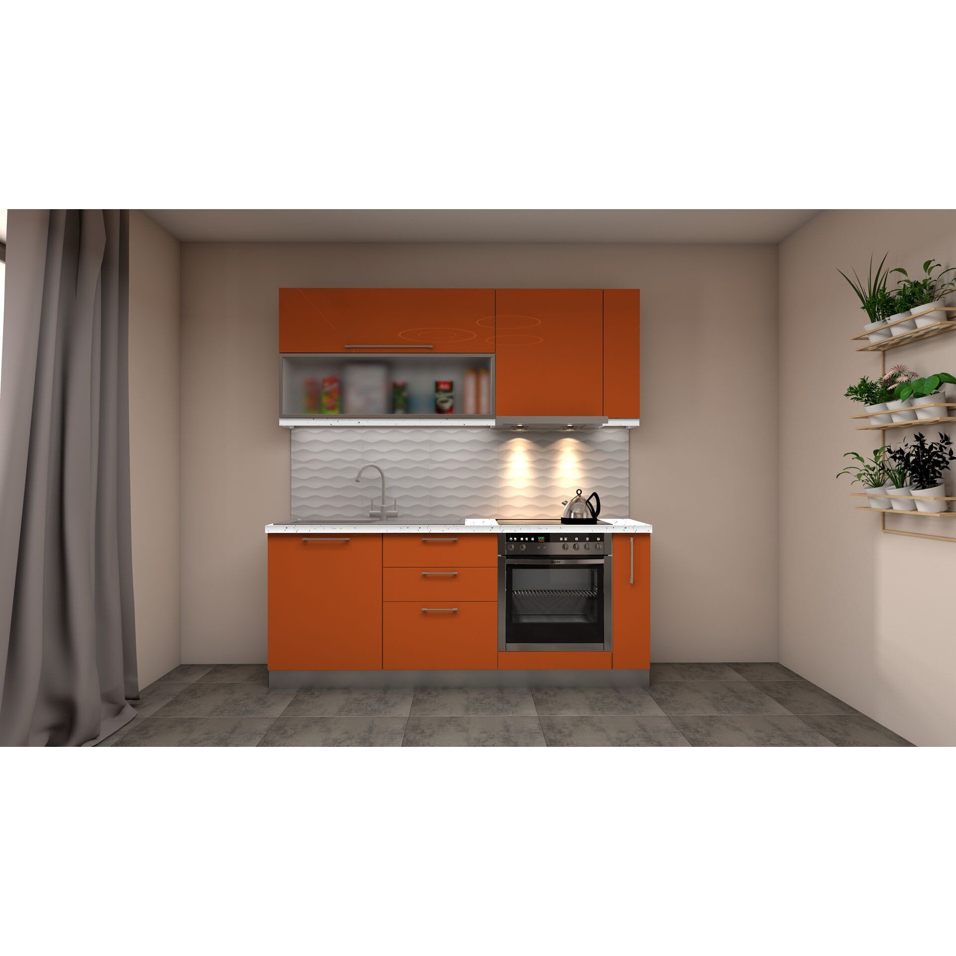 Set Bucatarie CHARM 07 200cm, Fronturi MDF Lucios Orange, Blat ...