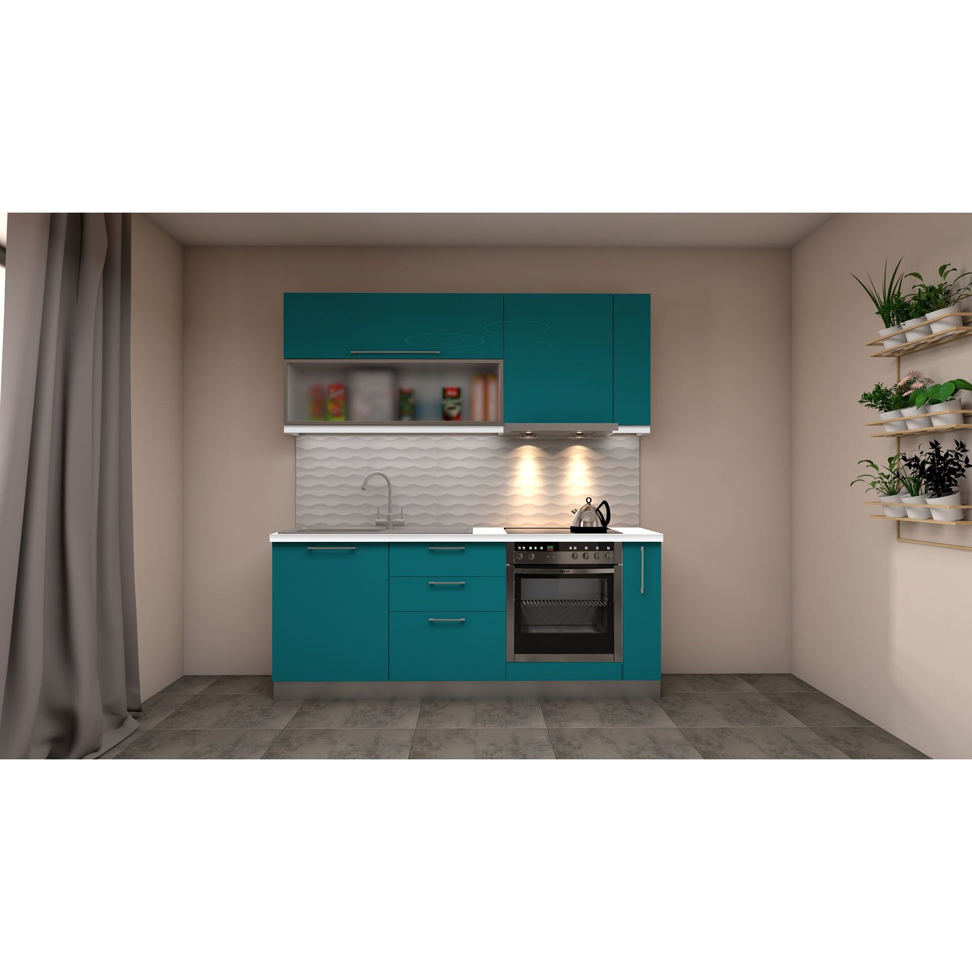 Set Bucatarie CHARM 07 200cm, Fronturi MDF Lucios Turcoaz, Blat Alb ...