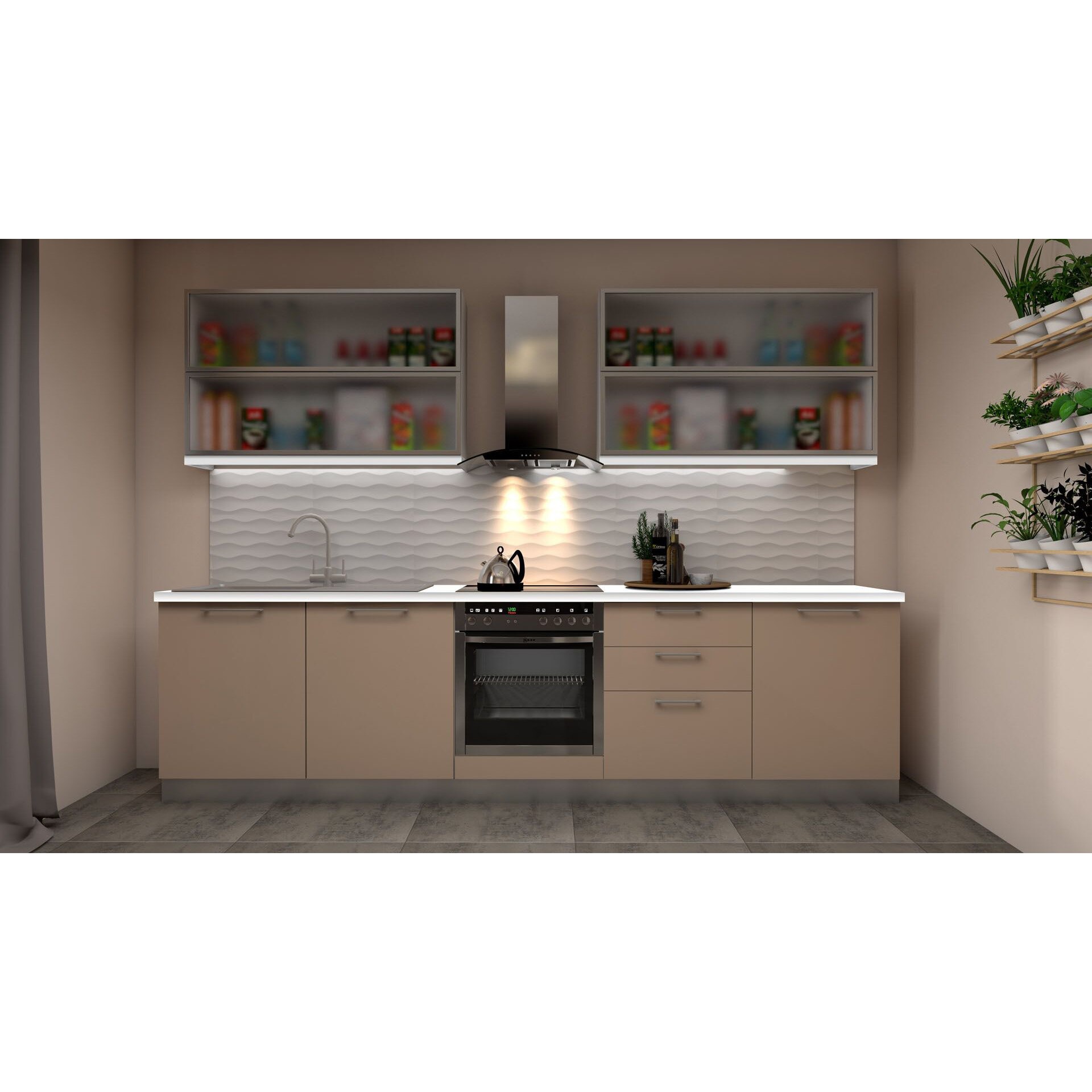 Set Bucatarie CHARM 08 300cm, Fronturi MDF Lucios Capucino, Blat Alb ...