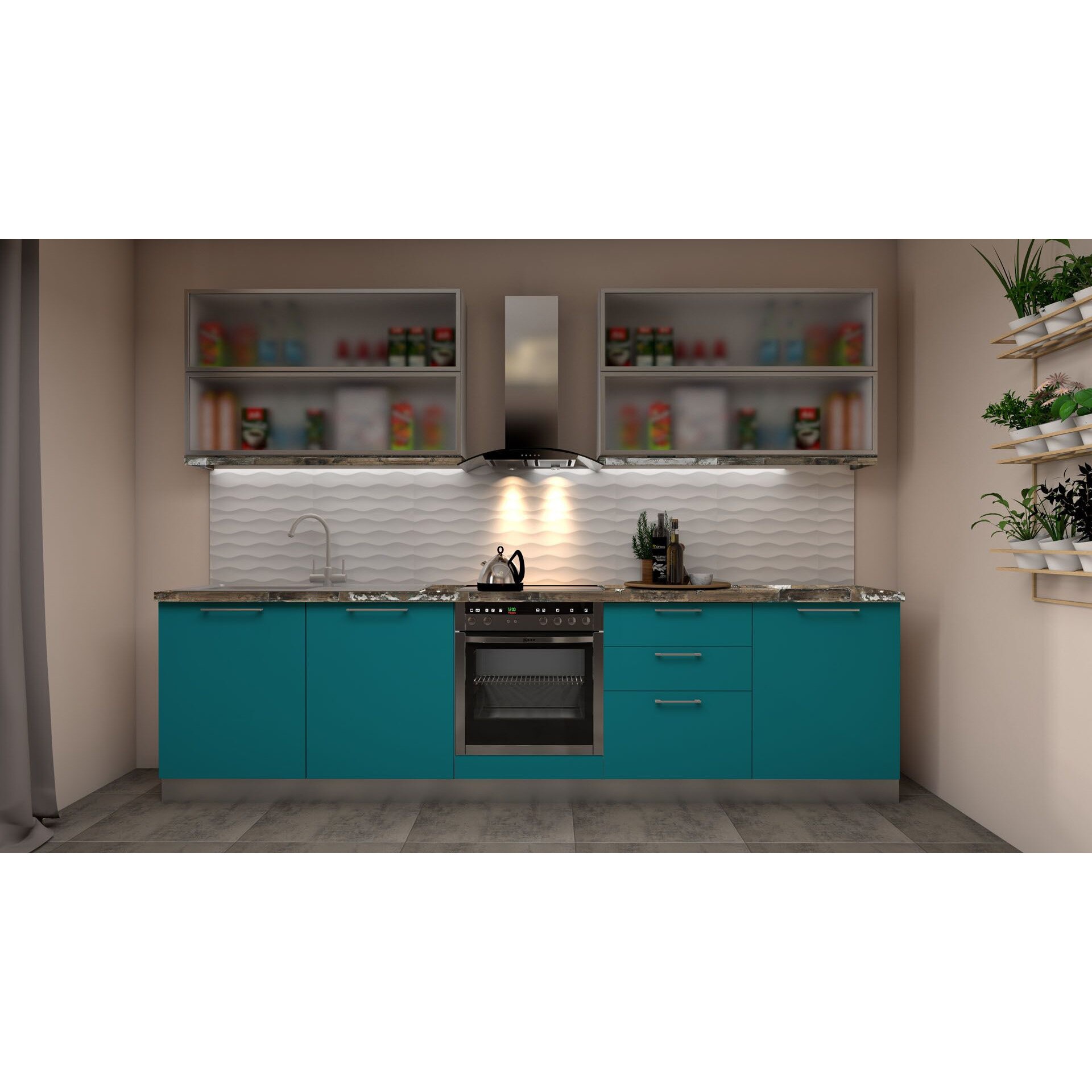 Set Bucatarie CHARM 08 300cm, Fronturi MDF Lucios Turcoaz, Blat Pin ...