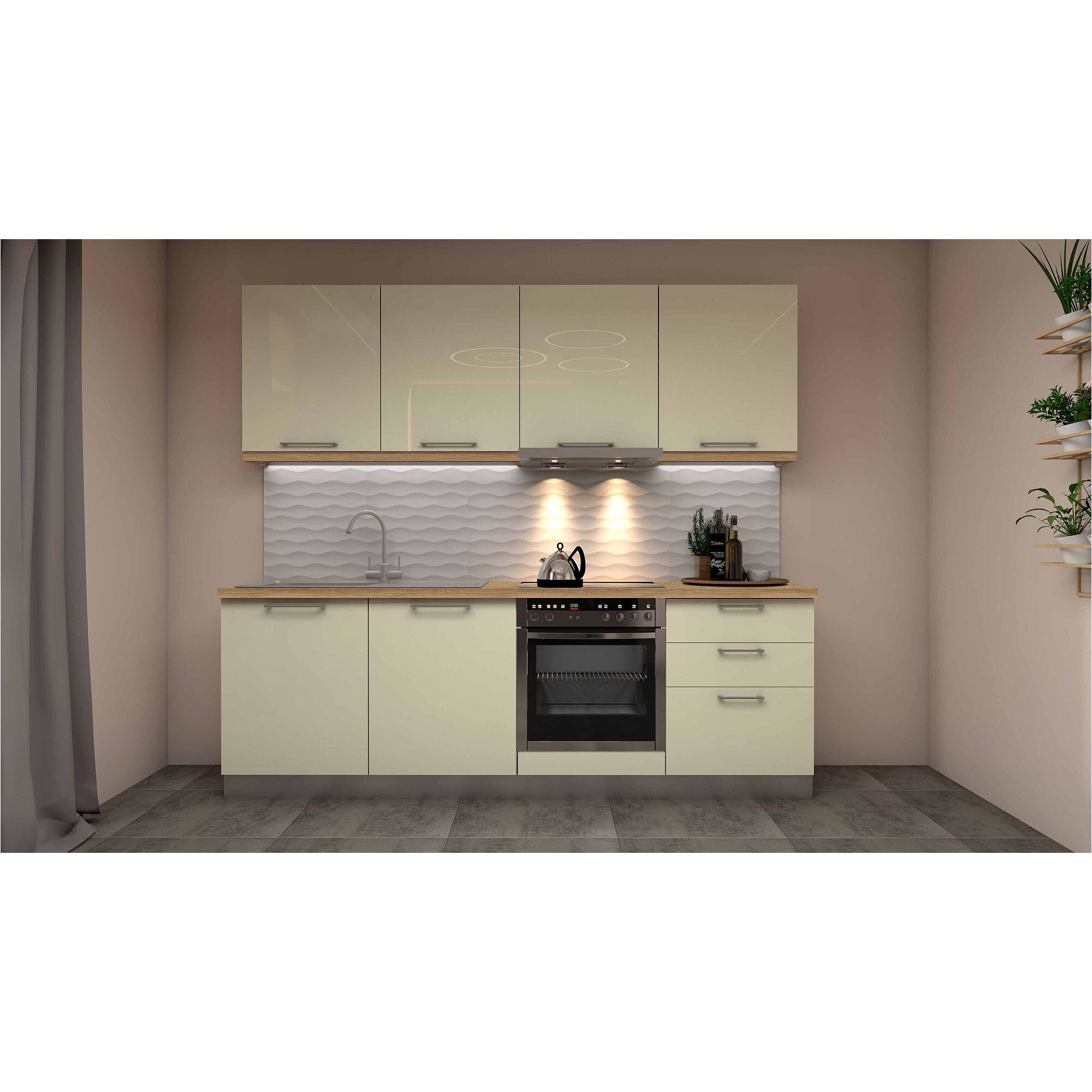 Set Bucatarie CHARM 09 240cm, Fronturi MDF Lucios Crem, Blat Stejar ...