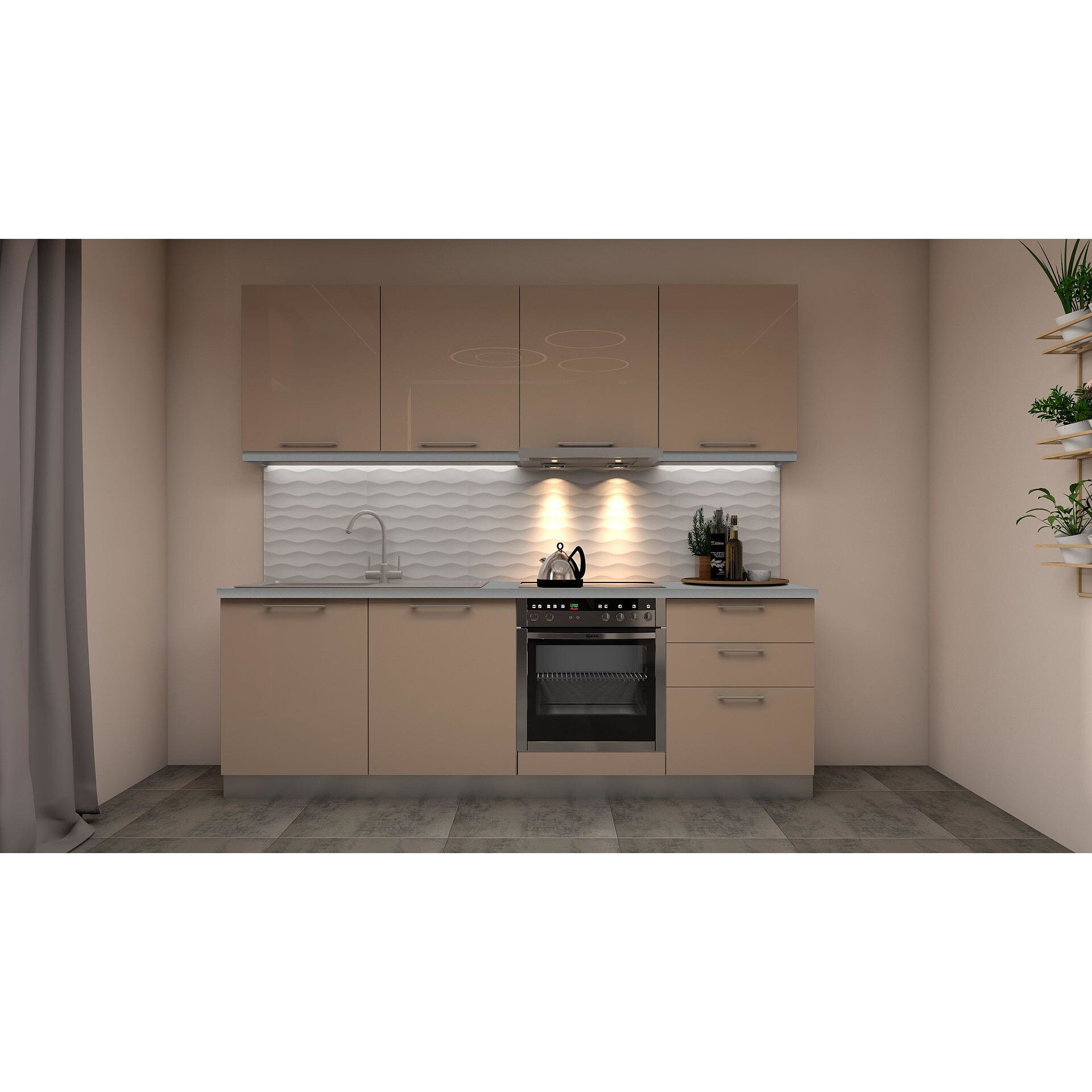 Set Bucatarie CHARM 09 240cm, Fronturi MDF Lucios Capucino, Blat Gri ...