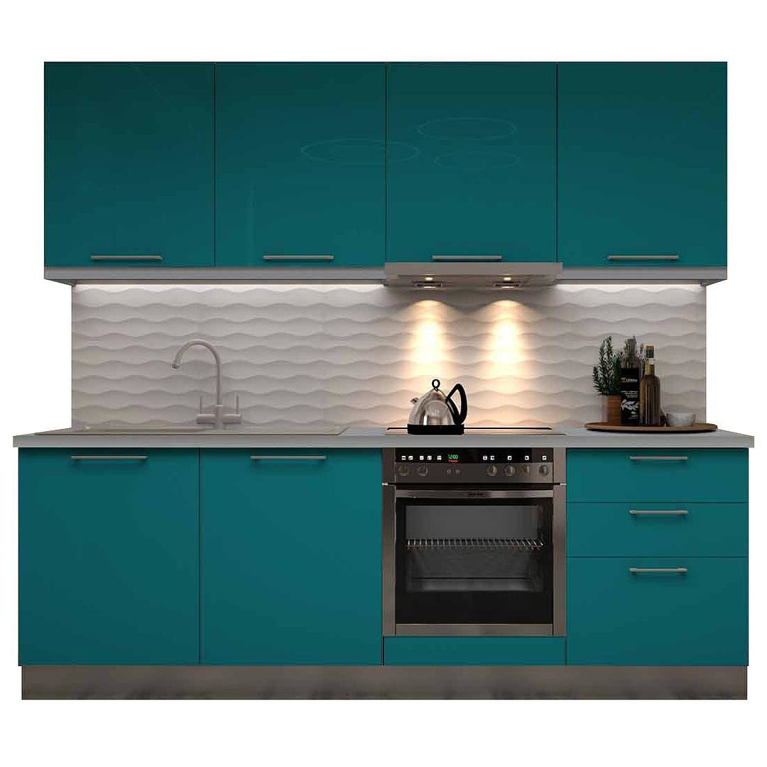 Set Bucatarie CHARM 09 240cm, Fronturi MDF Lucios Turcoaz, Blat Gri ...