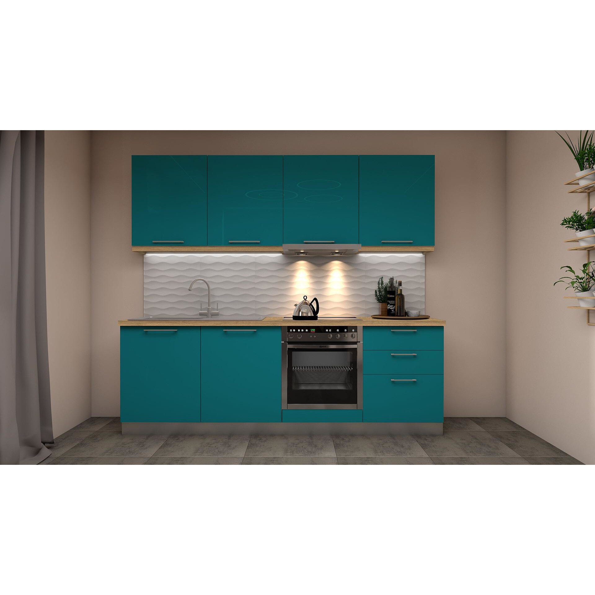 Set Bucatarie CHARM 09 240cm, Fronturi MDF Lucios Turcoaz, Blat Stejar ...