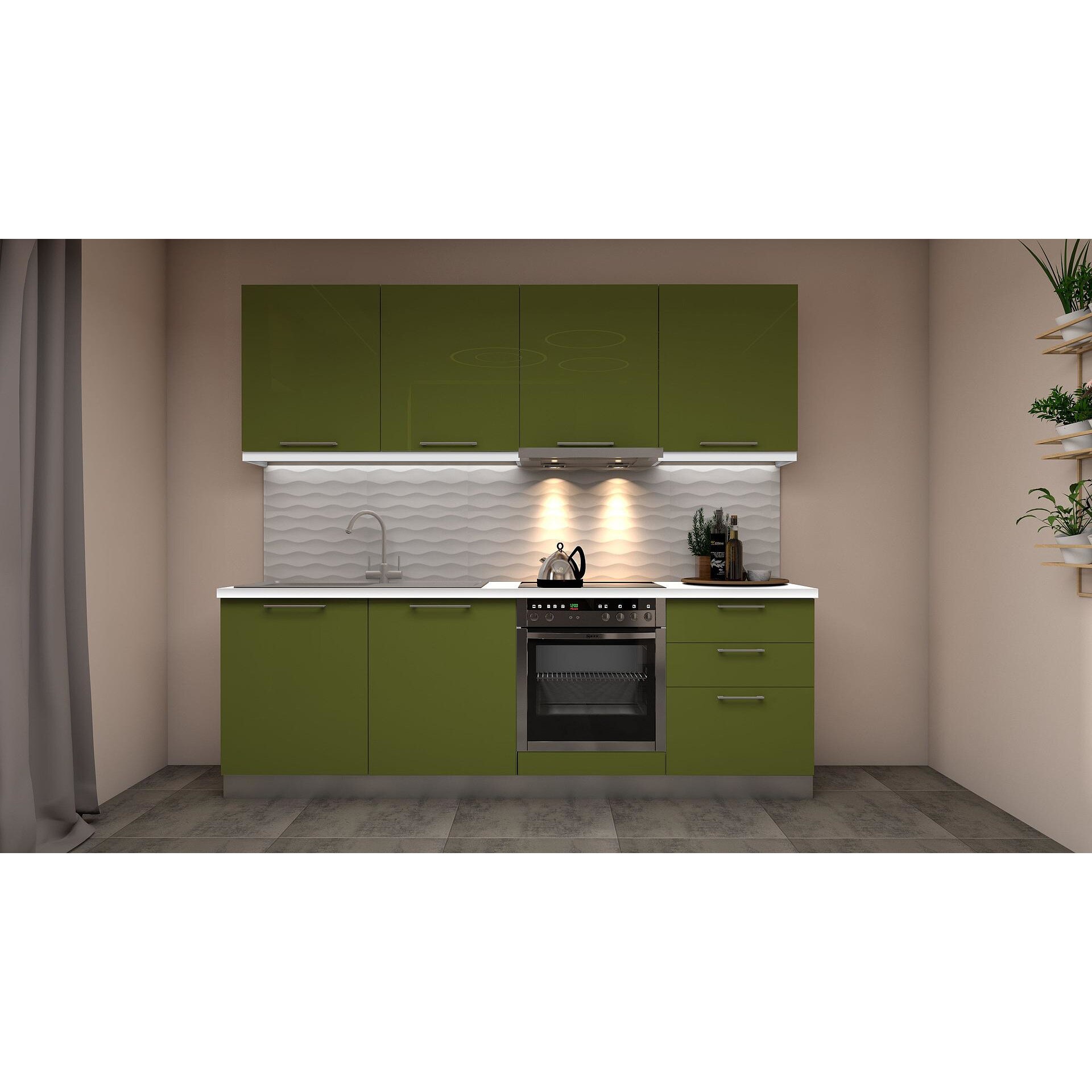 Set Bucatarie CHARM 09 240cm, Fronturi MDF Lucios Verde, Blat Alb ...