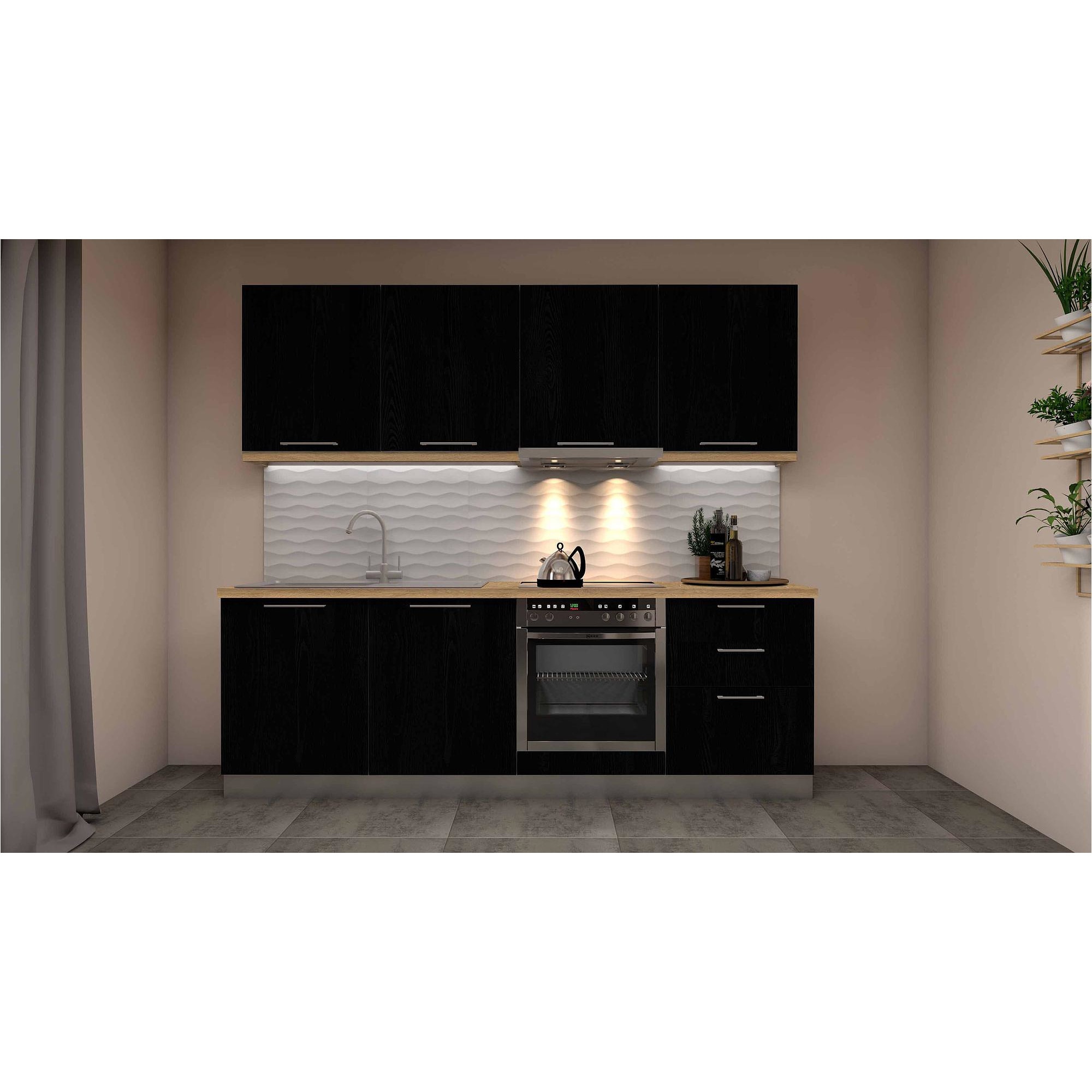 Set Bucatarie CHARM 09 240cm, Fronturi PAL Negru Fumuriu, Blat Stejar ...