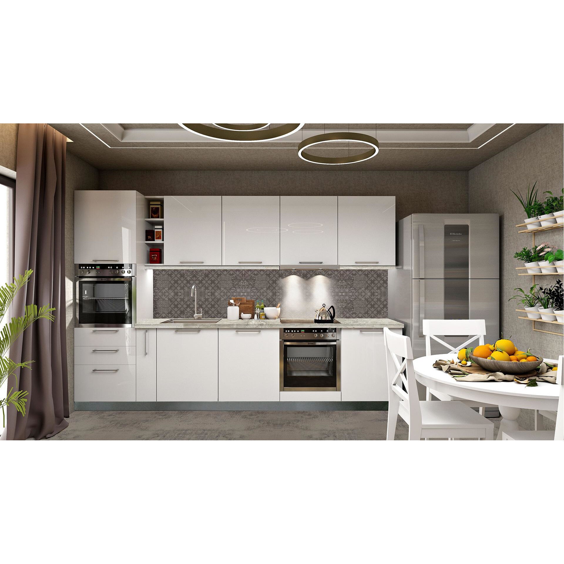 Set Bucatarie CHARM 10 320cm, Fronturi MDF Lucios Alb, Blat Lemn Albit ...