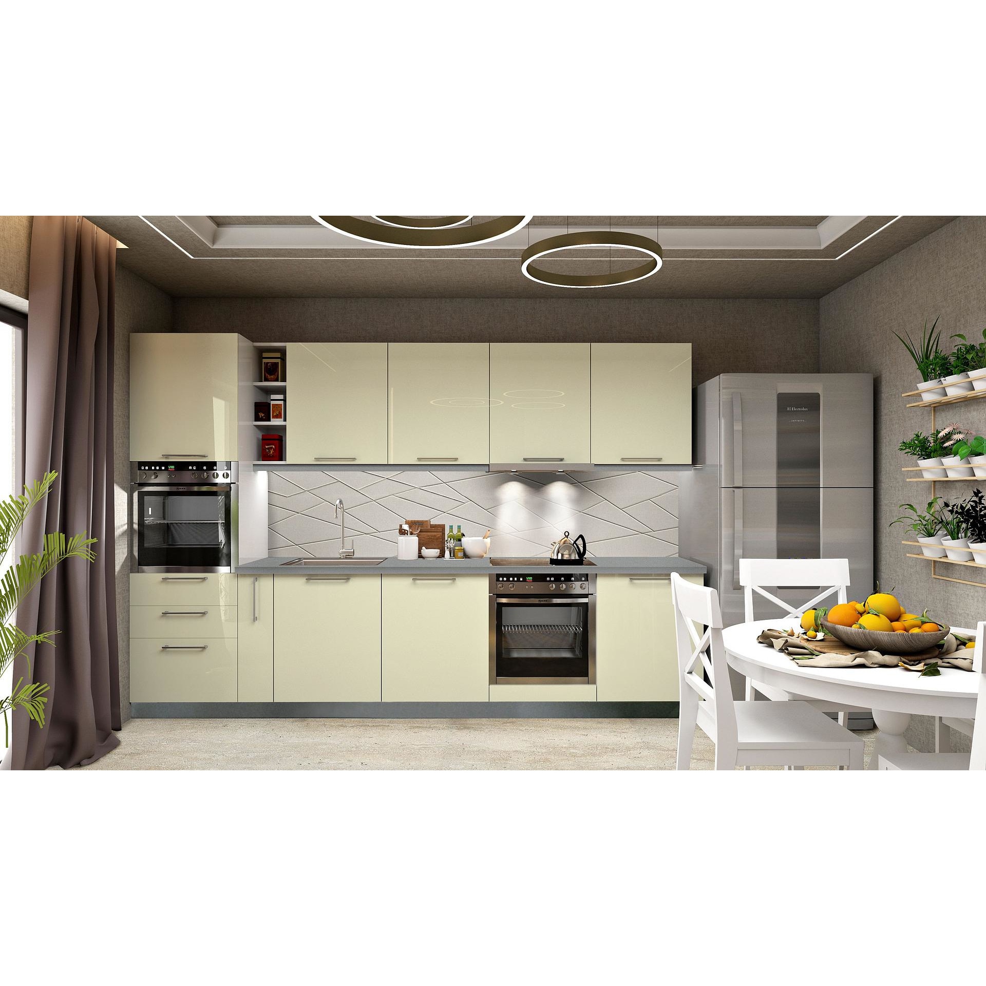 Set Bucatarie CHARM 10 320cm, Fronturi MDF Lucios Crem, Blat Gri ...