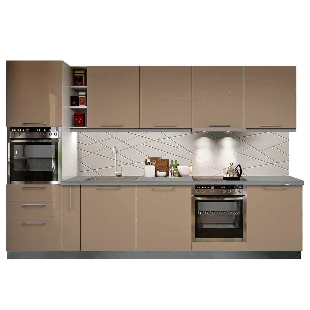 Set Bucatarie CHARM 10 320cm, Fronturi MDF Lucios Capucino, Blat Gri ...