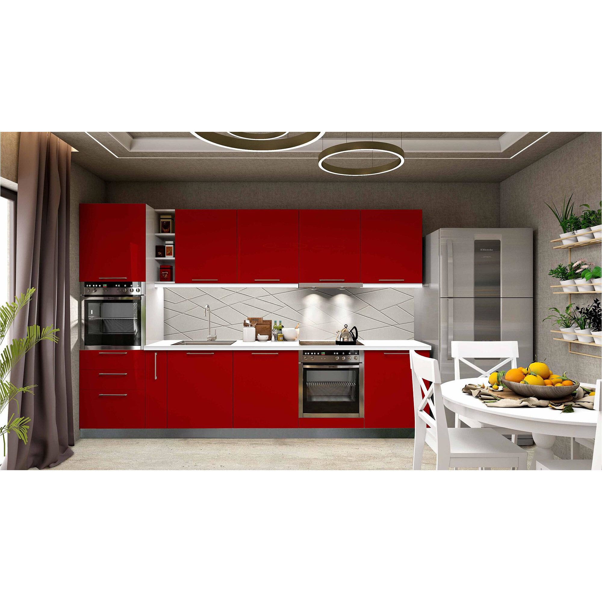 Set Bucatarie CHARM 10 320cm, Fronturi MDF Lucios Rosu, Blat Alb Perlat ...