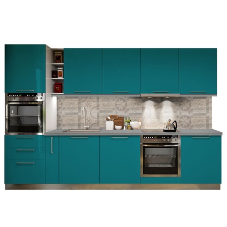 Set Bucatarie CHARM 10 320cm, Fronturi MDF Lucios Turcoaz, Blat Gri ...