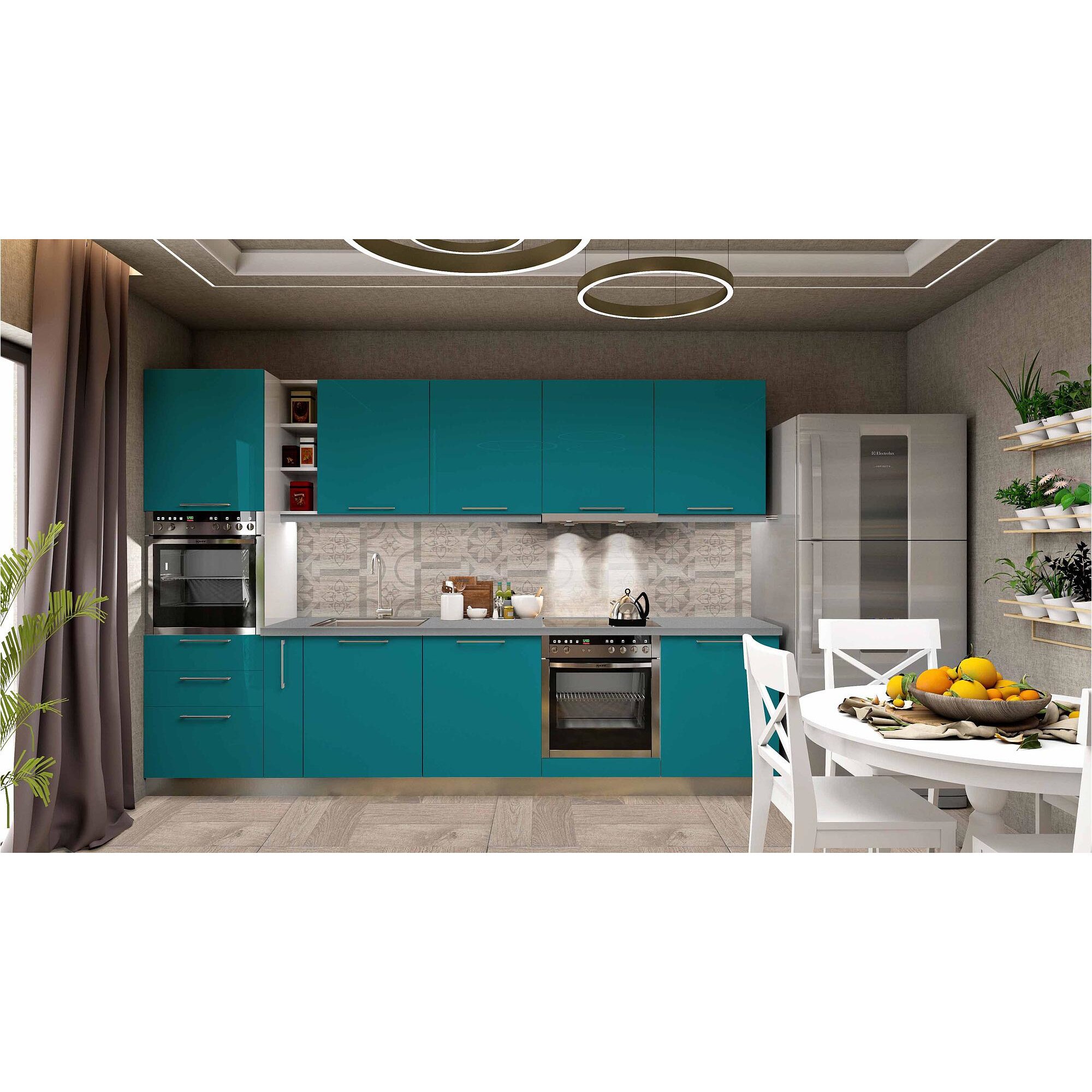 Set Bucatarie CHARM 10 320cm, Fronturi MDF Lucios Turcoaz, Blat Gri ...