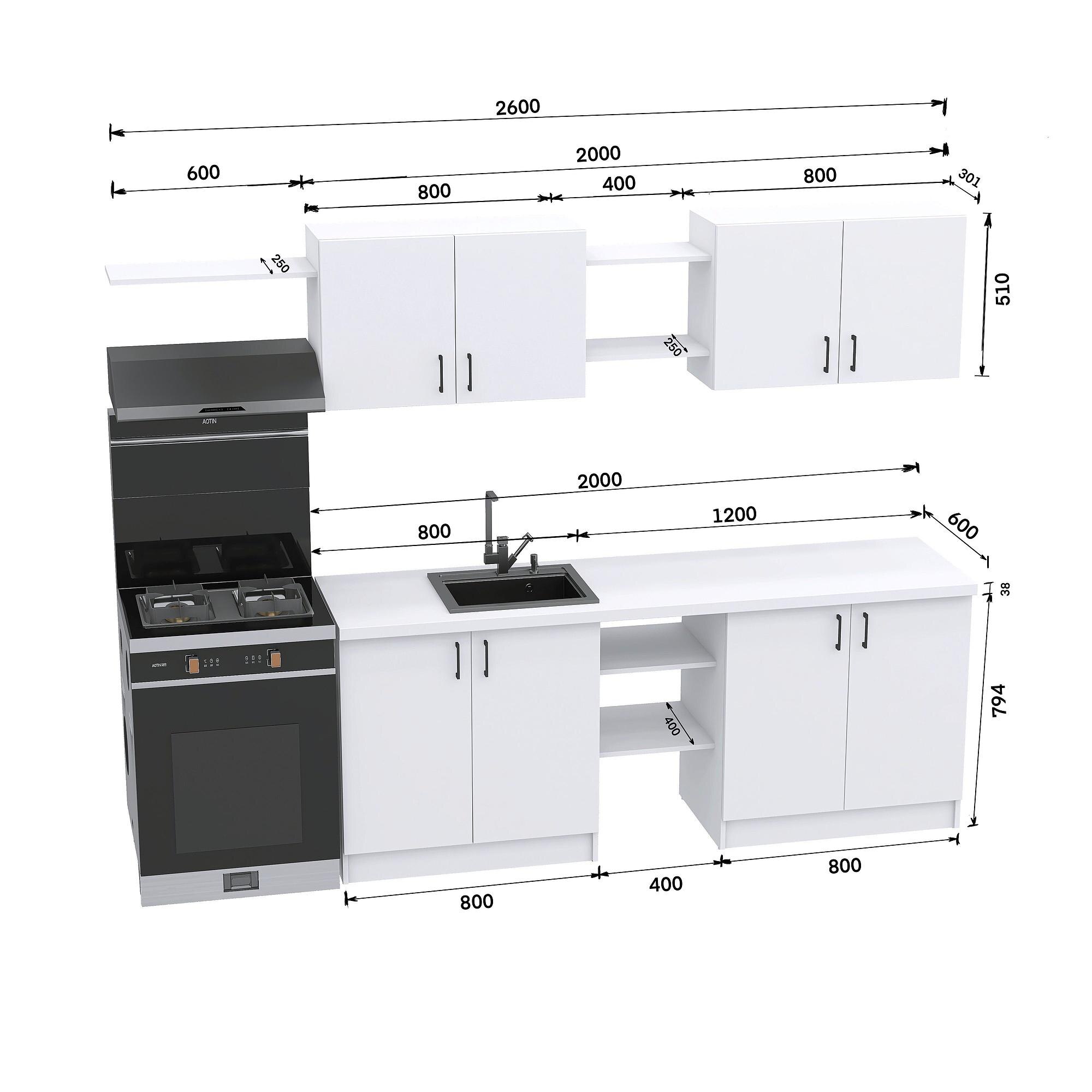 Set Bucatarie START 02 260cm, Fete PAL Alb 04, Blat Niagara, Manere ...