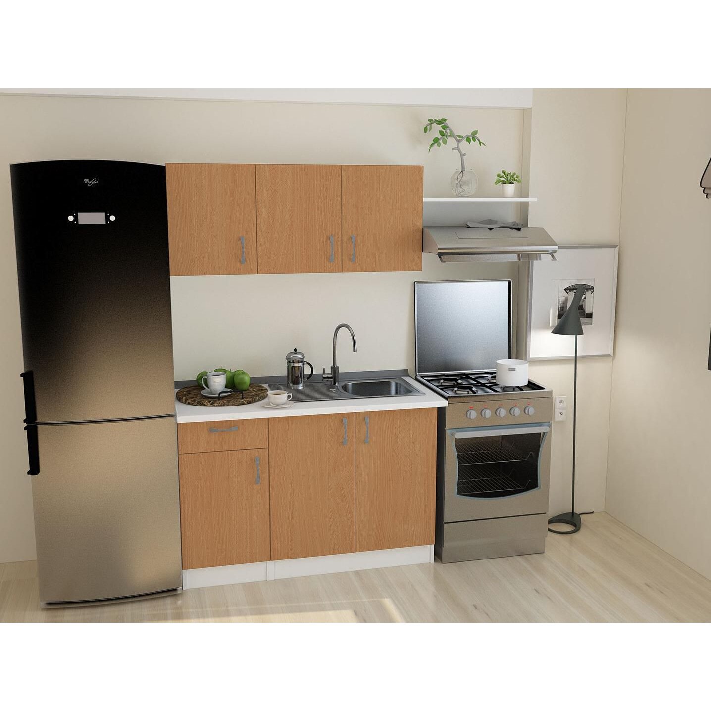 Set Bucatarie START 03 120cm, Fronturi PAL Fag, Blat Alb Perlat, Manere ...