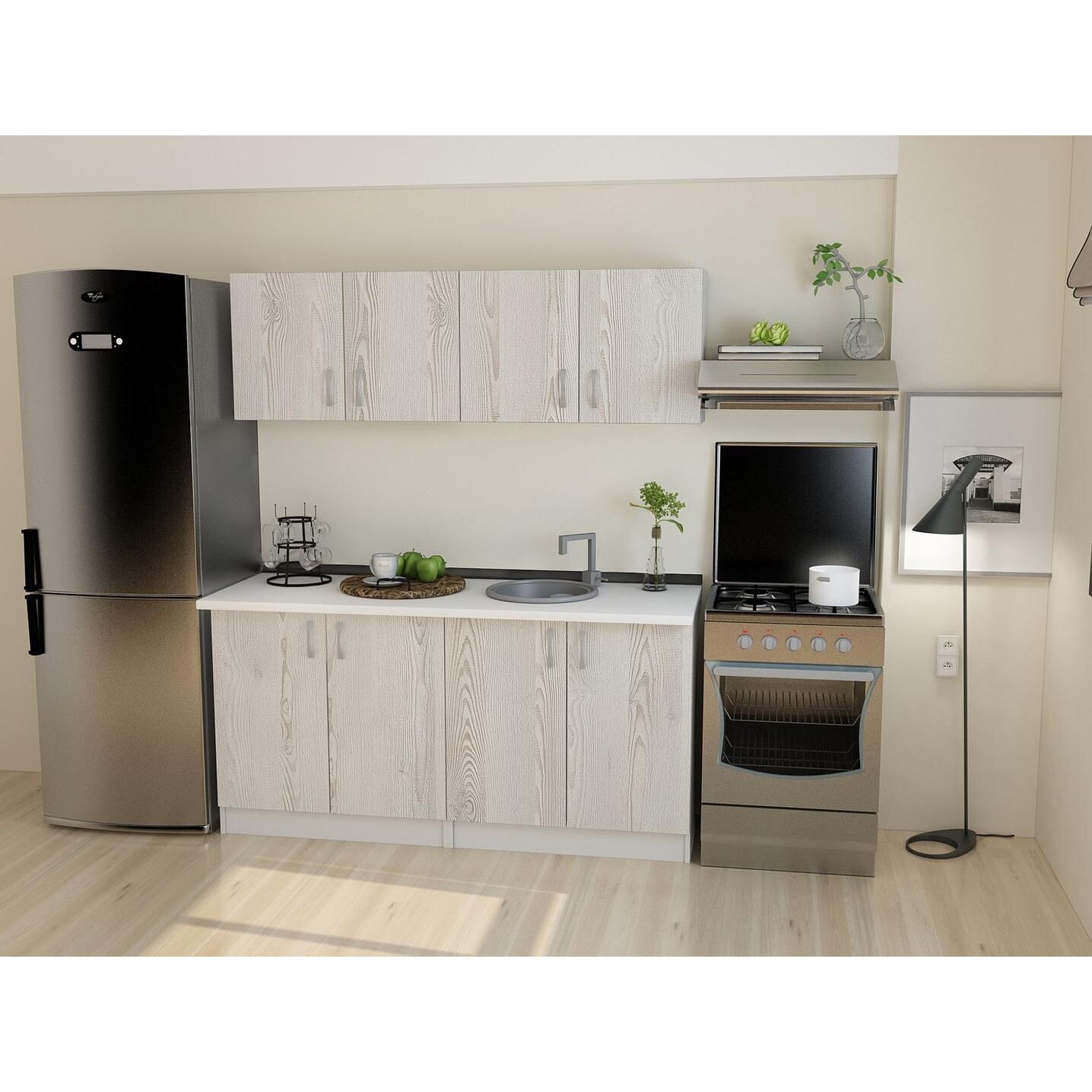 Set Bucatarie START 04 160cm, Fronturi PAL Pin Alb 04, Blat Alb Perlat ...