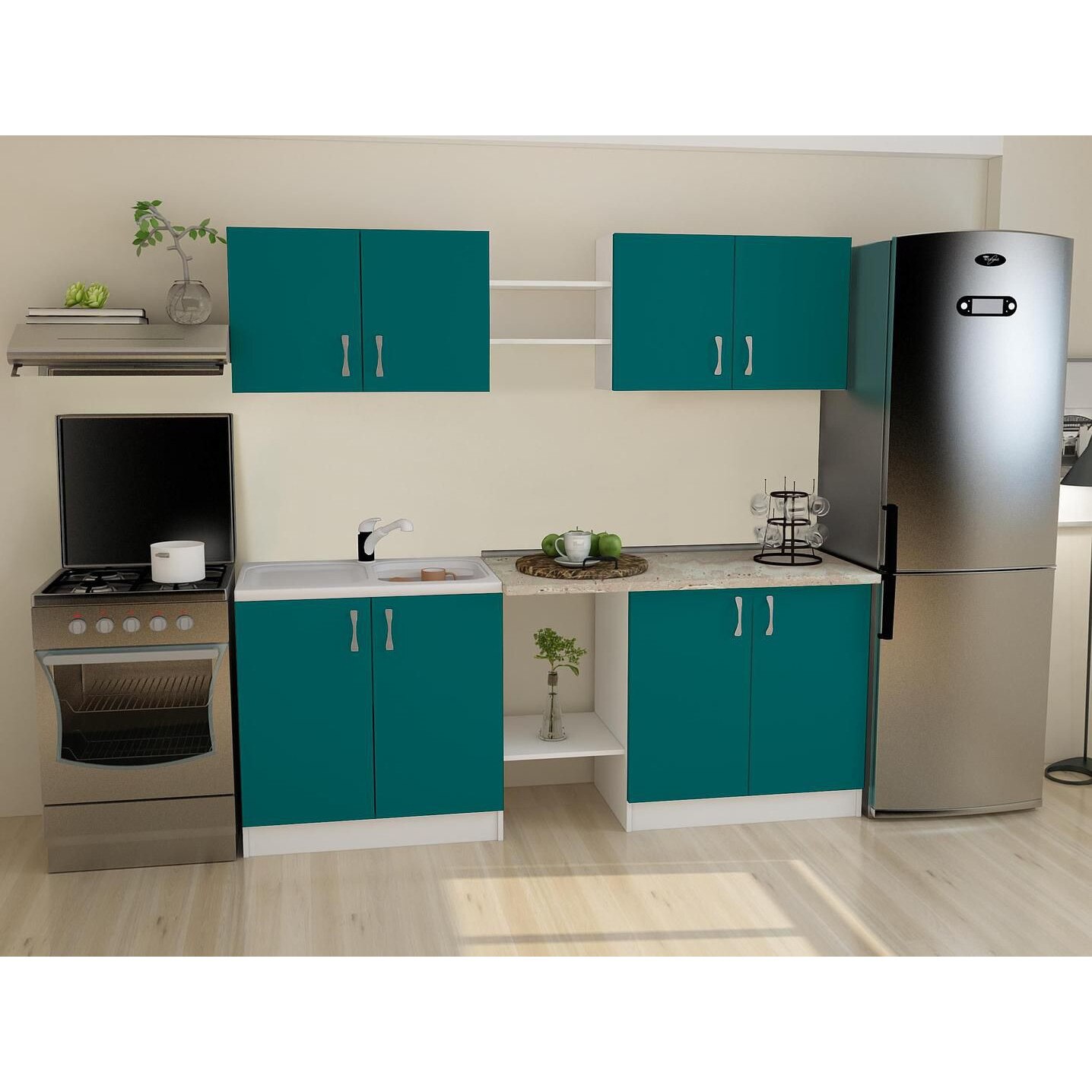 Set Bucatarie START 06 200cm, Fronturi PAL Ocean, Blat Niagara, Manere ...