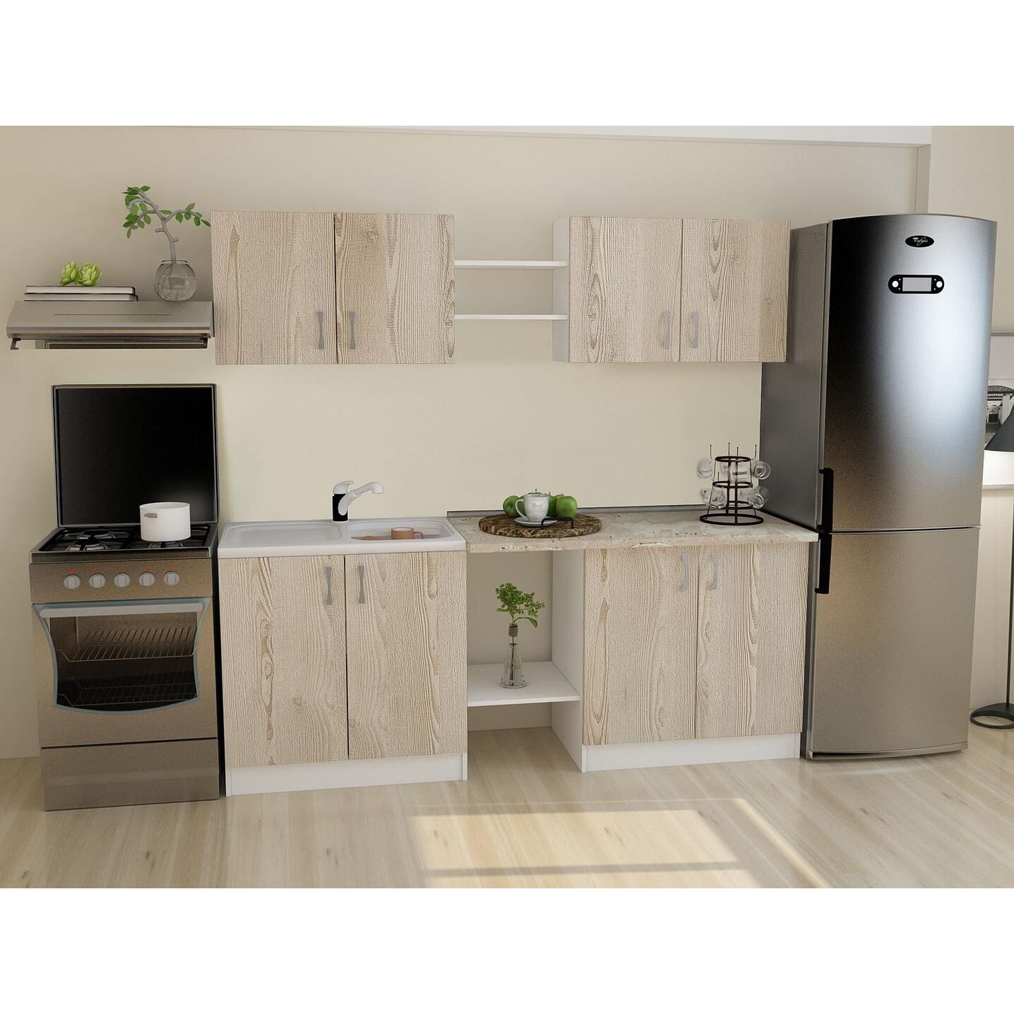 Set Bucatarie START 06 200cm, Fronturi PAL Pin Crem 04, Blat Niagara ...