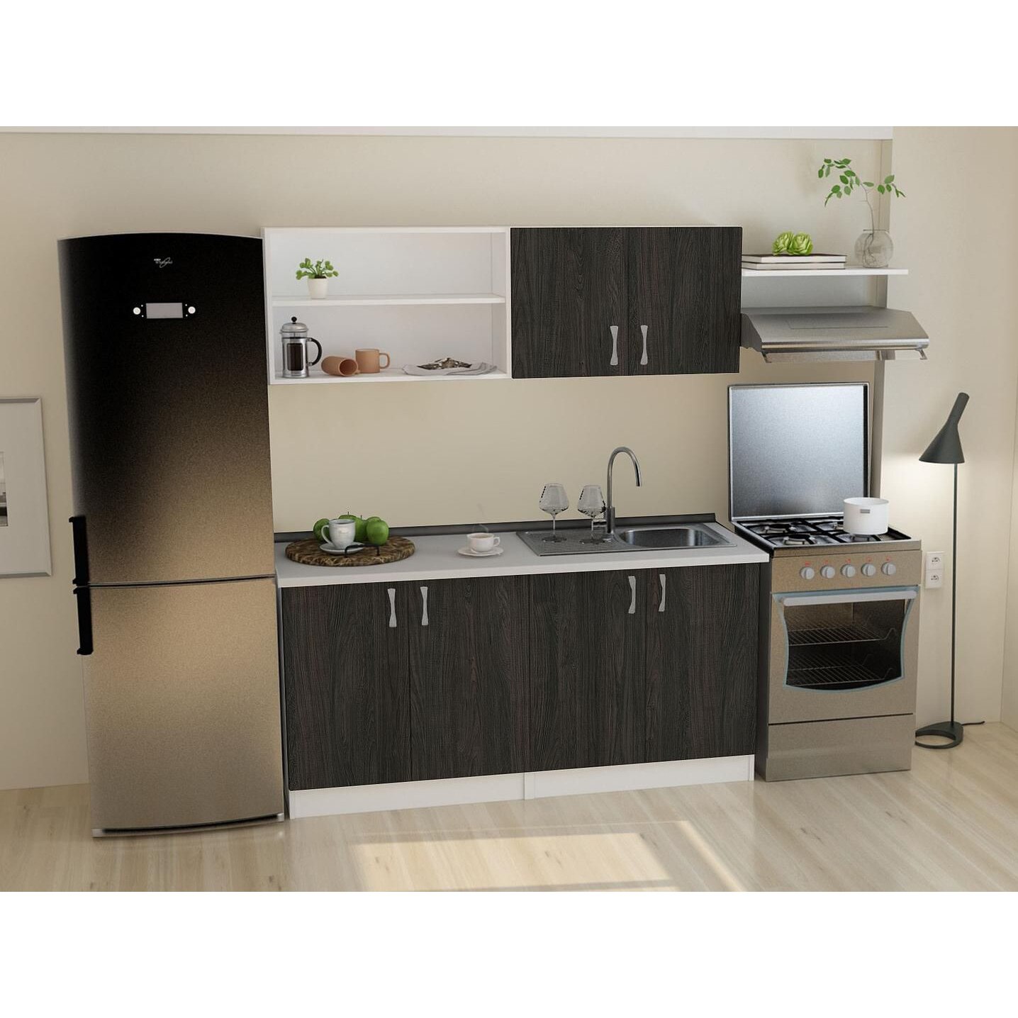 Set Bucatarie START 07 220cm, Fronturi PAL Lemn Antracit, Blat Alb ...