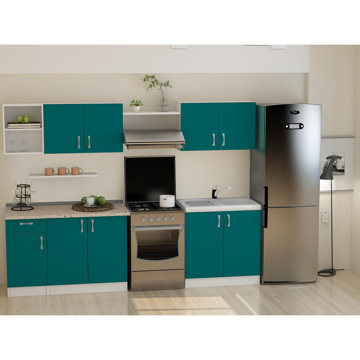 Set Bucatarie START 09 260cm, Fronturi PAL Ocean, Blat Niagara, Manere ...