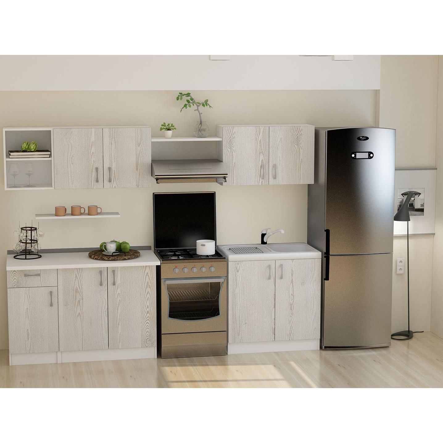 Set Bucatarie START 09 260cm, Fronturi PAL Pin Alb 04, Blat Alb Perlat ...