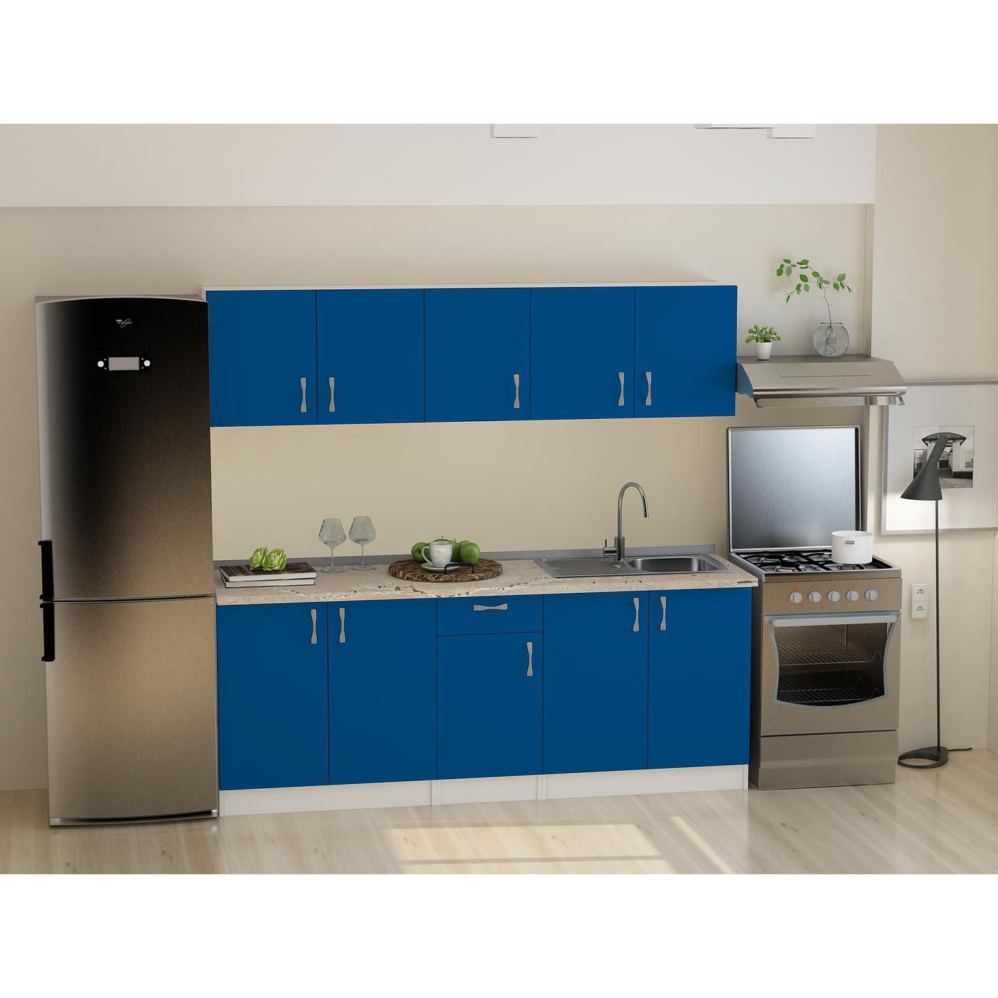 Set Bucatarie START 11 200cm, Fronturi PAL Albastru Royal, Blat Niagara ...