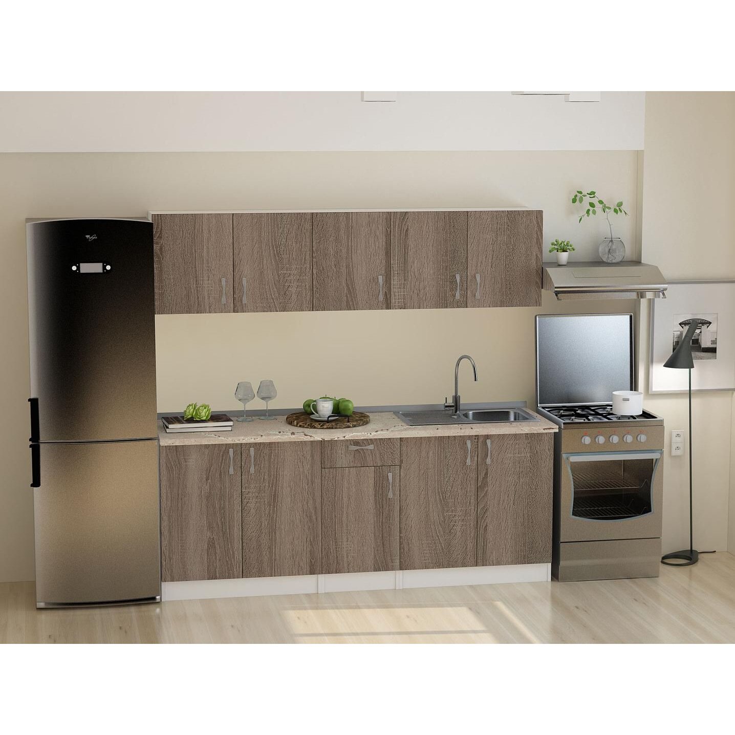 Set Bucatarie START 11 200cm, Fronturi PAL Sonoma Tabac, Blat Niagara ...