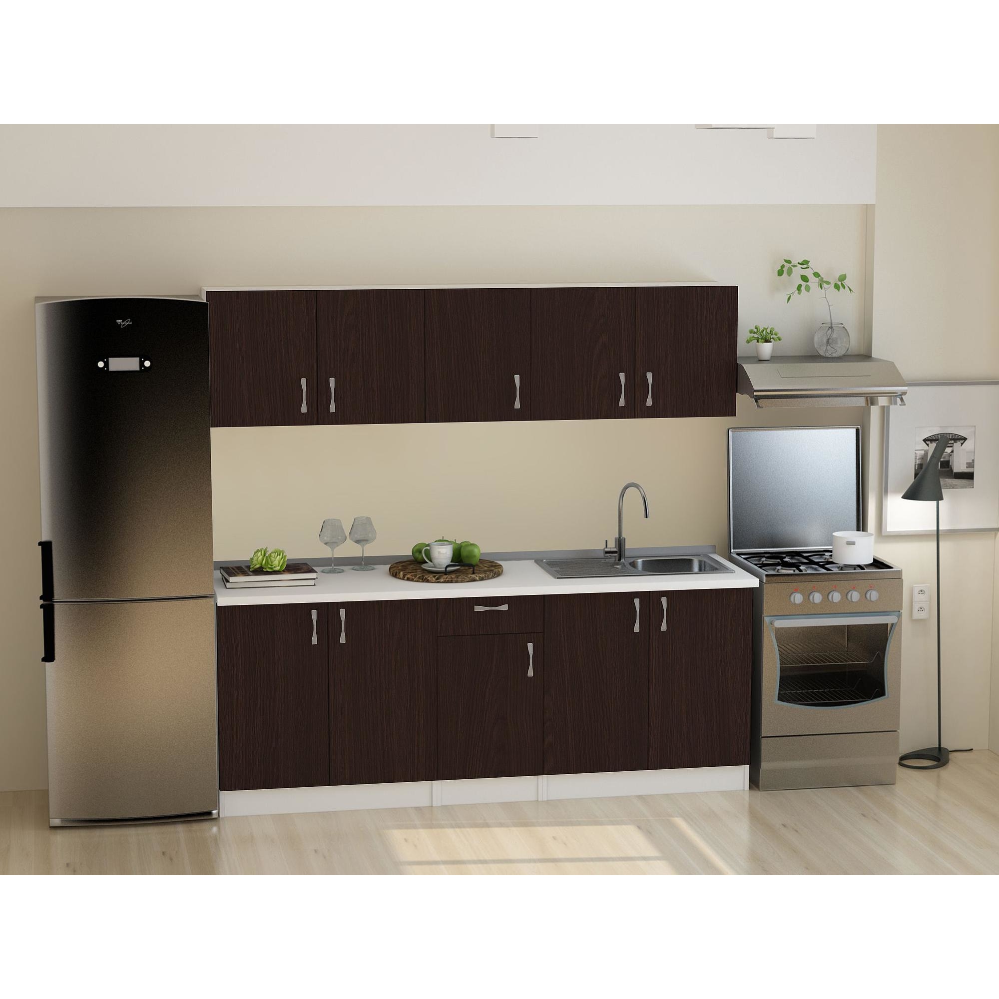 Set Bucatarie START 11 200cm, Fete PAL Wenge, Blat Alb Perlat, Manere ...