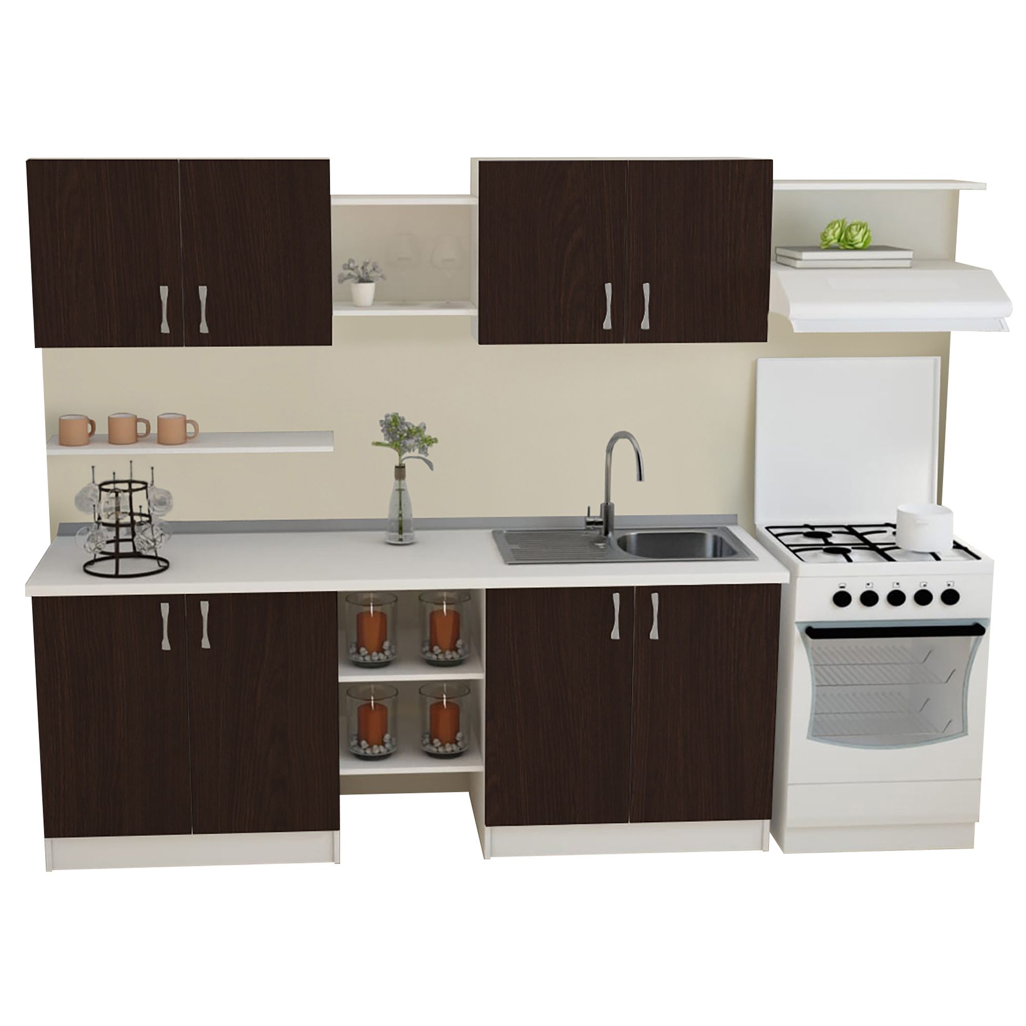 Set Bucatarie START 16 260cm, Fete PAL Wenge, Blat Alb Perlat, Manere ...