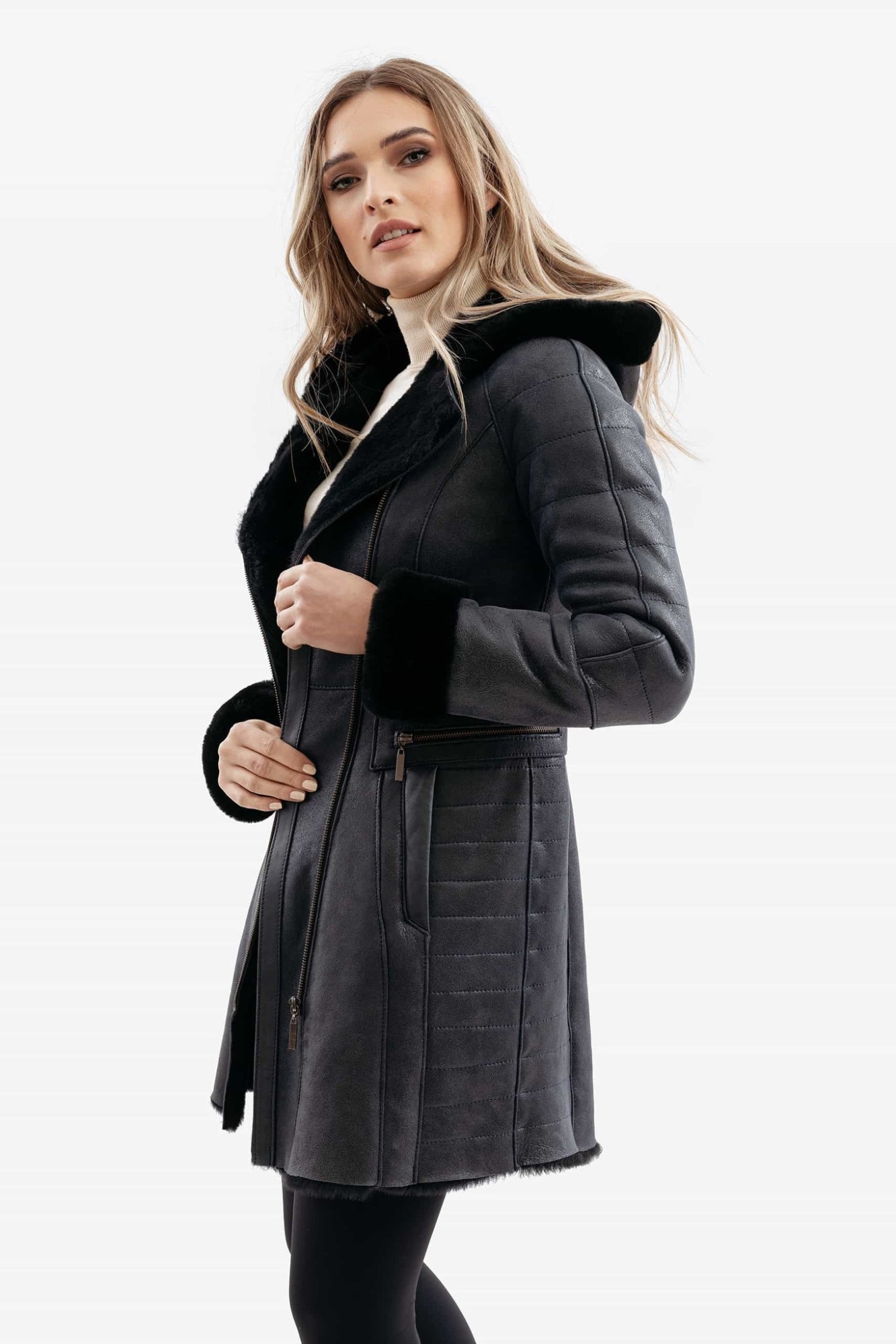Palton din blana naturala, model Emilia Napalan, Negru, 36 - eMAG.ro