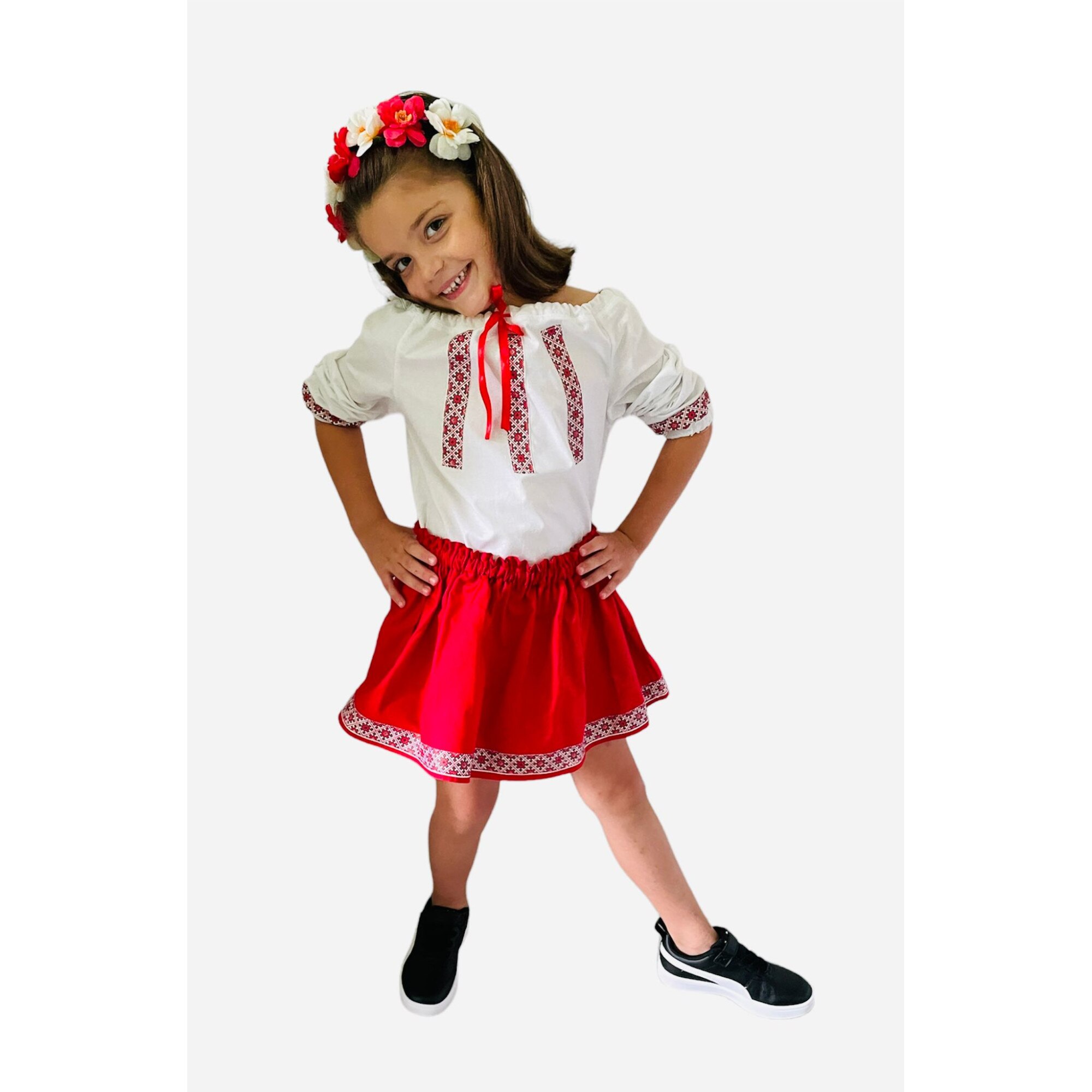 Costum popular fete, PASSION FOR UNICORNS, bumbac, alb-rosu, 98-104 cm ...