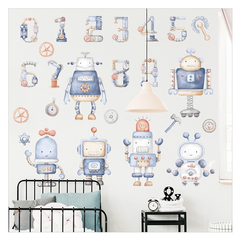 Sticker Autocolant Perete Copii, Roboti si Cifre, 85x100 cm, Aida HER ...