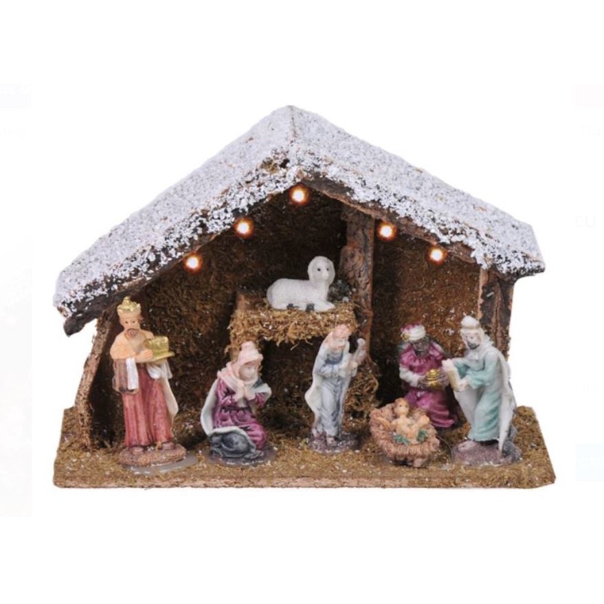 Iesle de Craciun cu 7 figurine din portelan si 5 luminite LED, Syamag ...