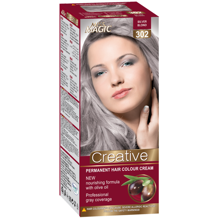 Vopsea de par permanenta nr 302, Blond Argintiu, 90g, Miss Magic ...